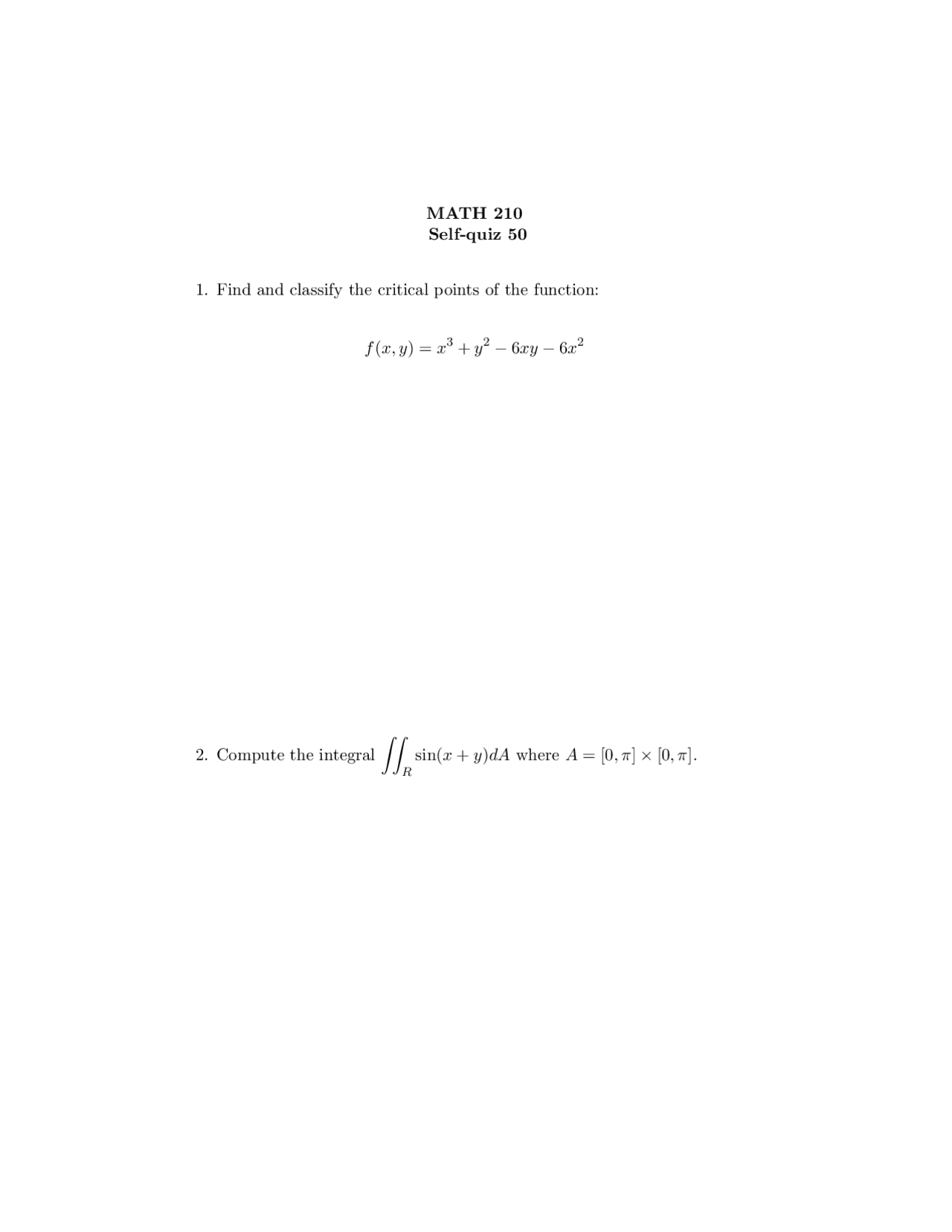 Resolution For Self Quiz 50 Calculus Iii Math 210 Docsity