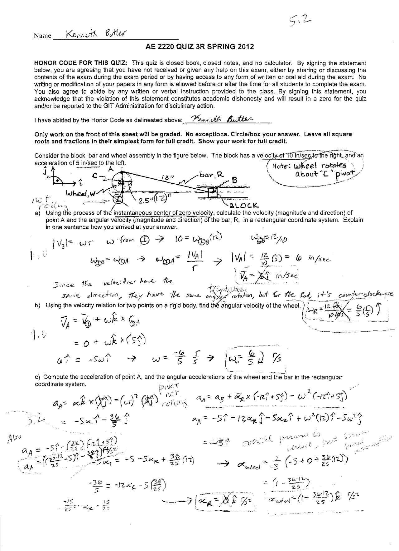 Quiz 3r Solutions Dynamics 2012 Ae 2220 Docsity