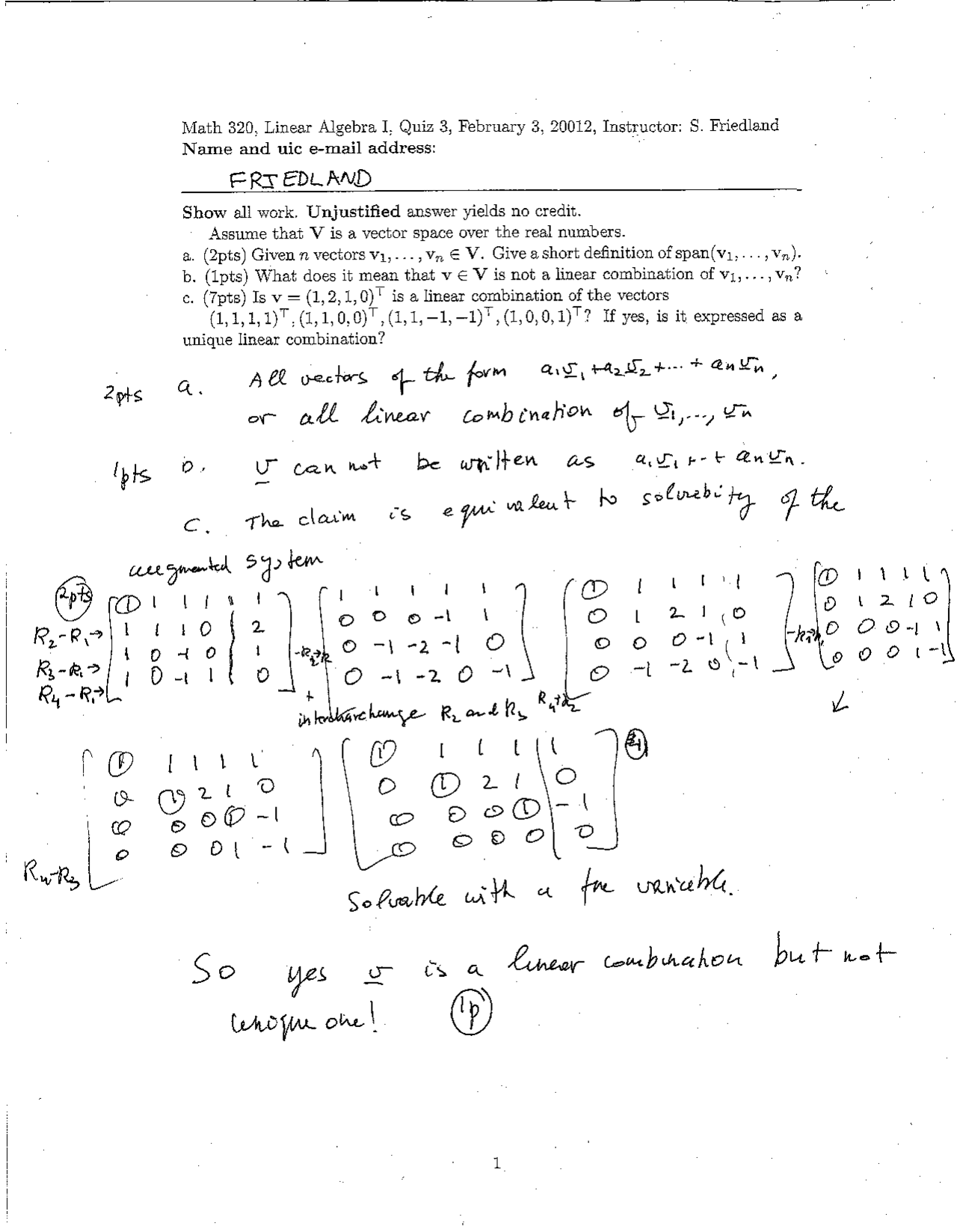 Linear Algebra I Solved Quiz 3 Math 320 Docsity