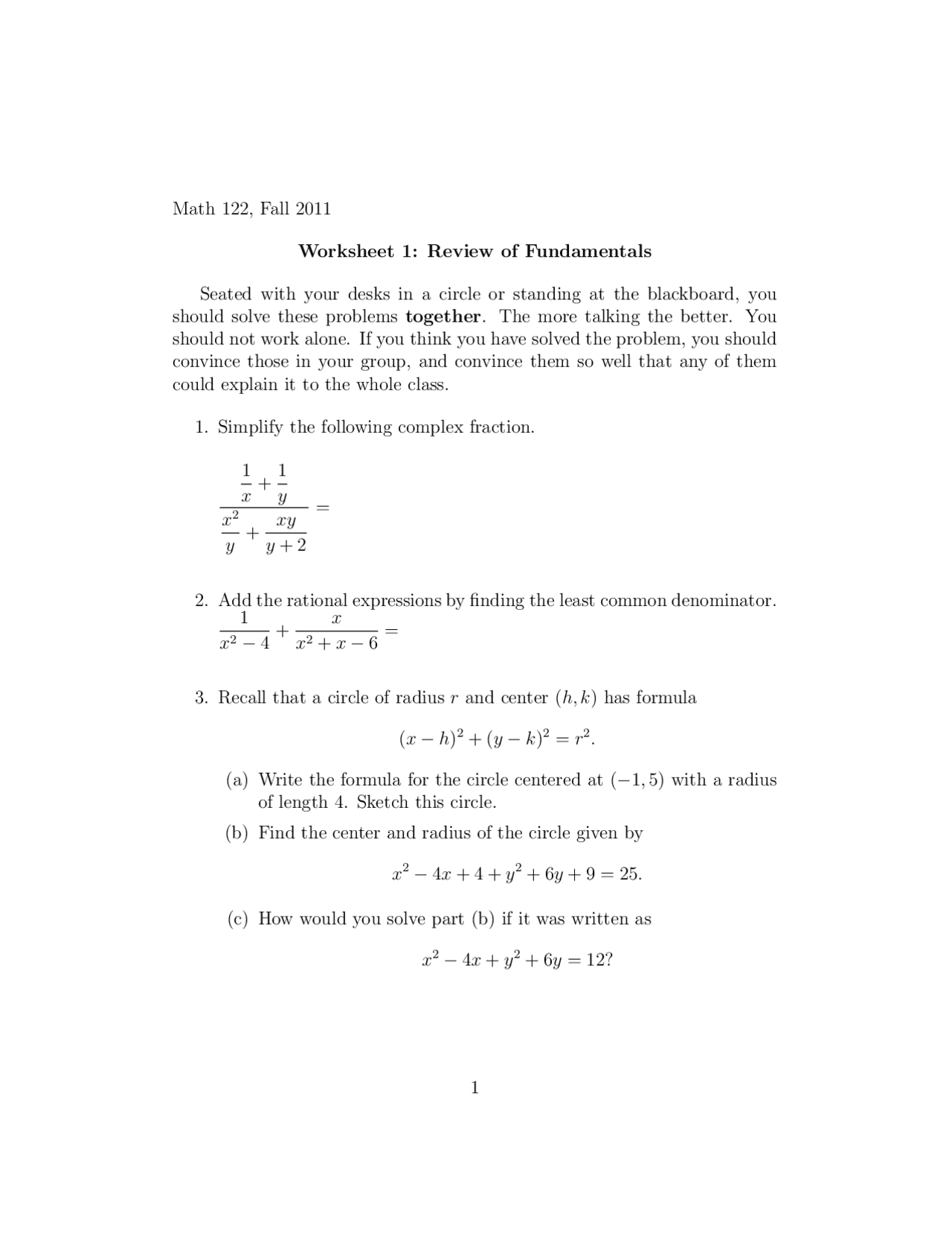 Review Of Fundamentals Worksheet 11 Fall 2011 Math 122 Docsity