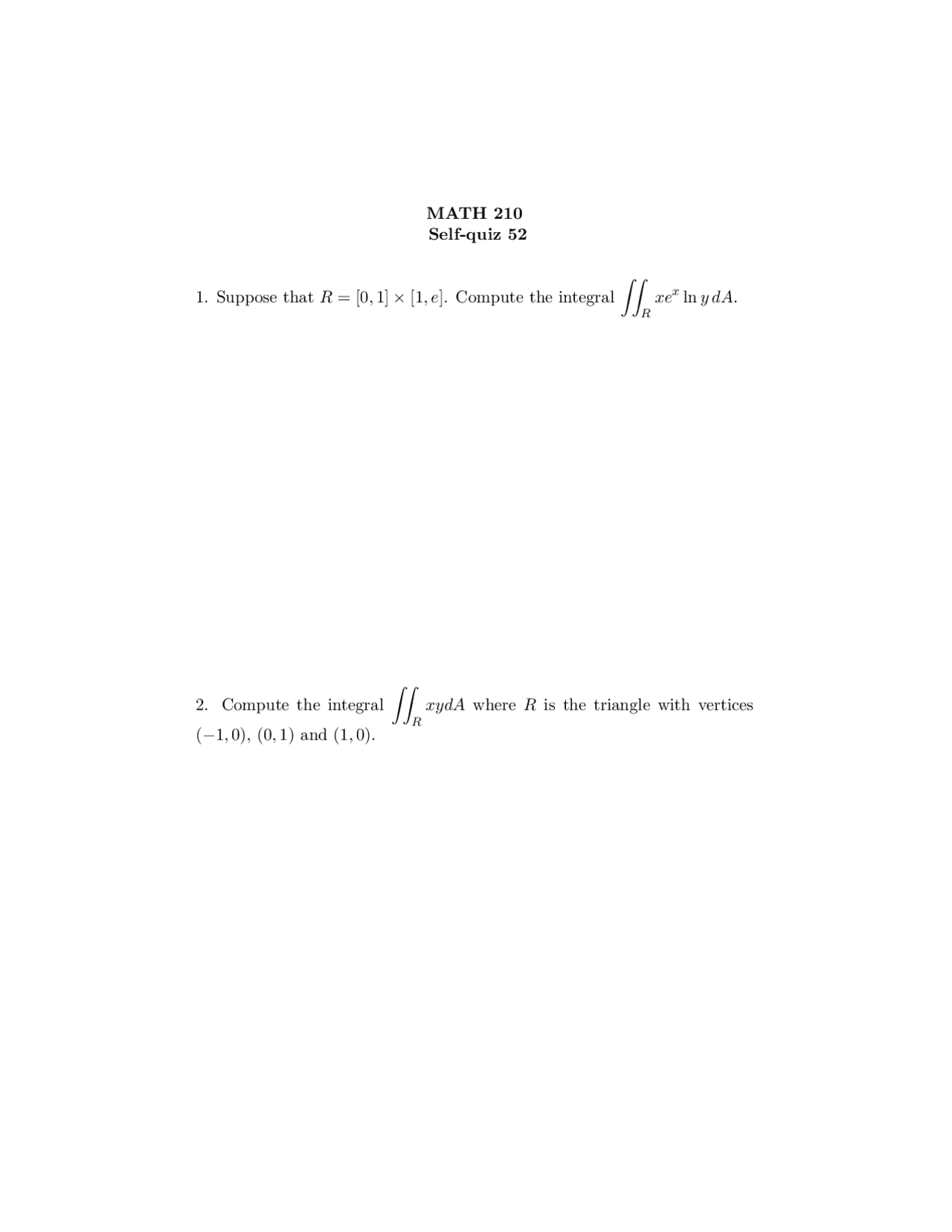 Calculus III - Solutions to Self Quiz 52 | MATH 210 - Docsity