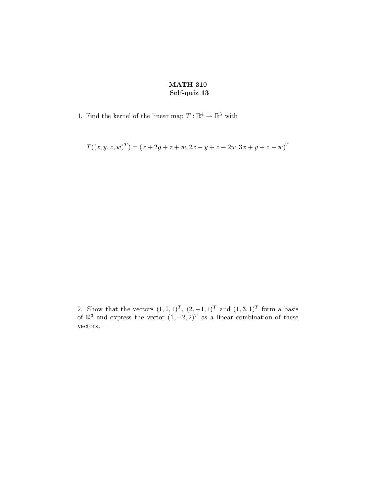 Self Quiz 3 Applied Linear Algebra Math 310 Docsity