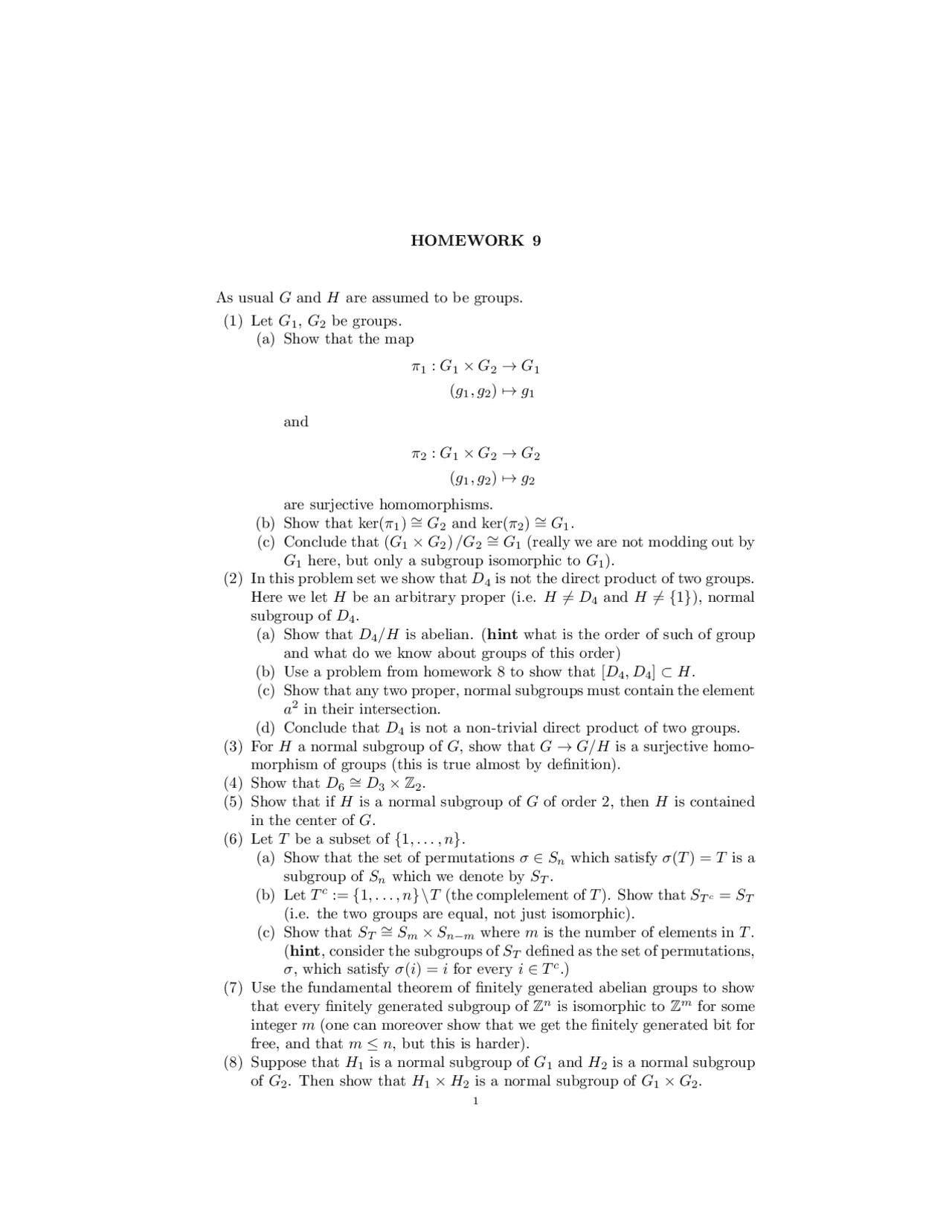 Abstract Algebra I - Homework 9 with Answers | MATH 330 - Docsity