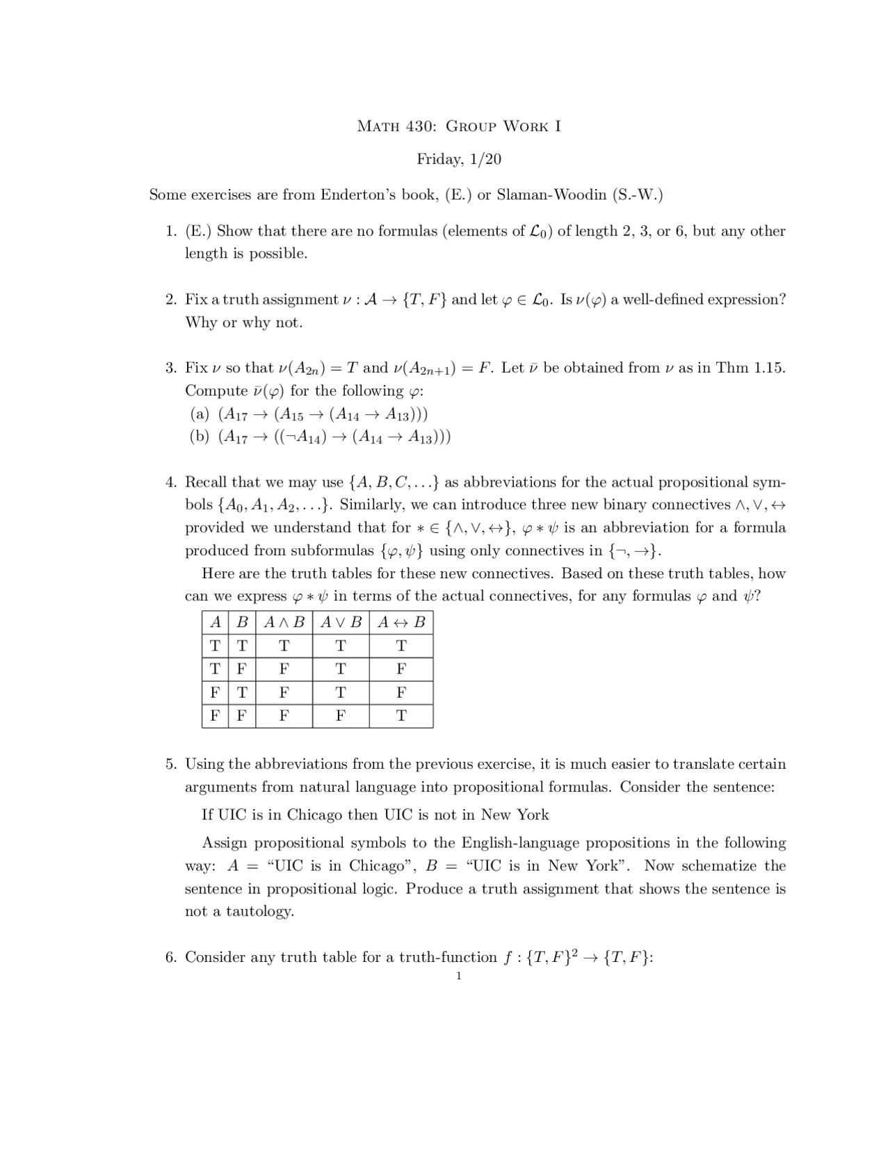 Formal Logic I - Assignment 1 Problems | MATH 430 - Docsity