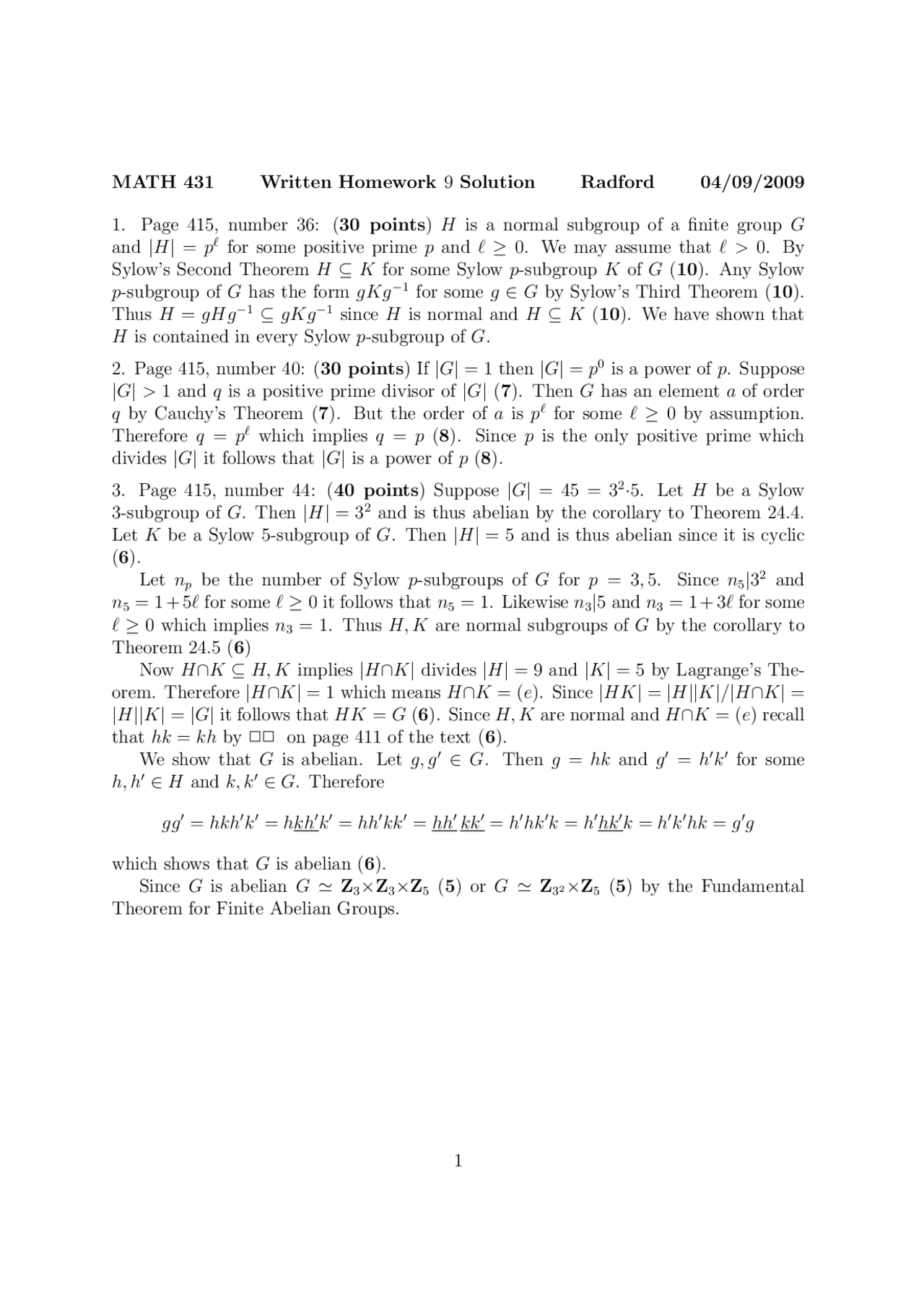 Solutions For Assignment 9 Abstract Algebra Ii Fall 2009 Math 431 Docsity