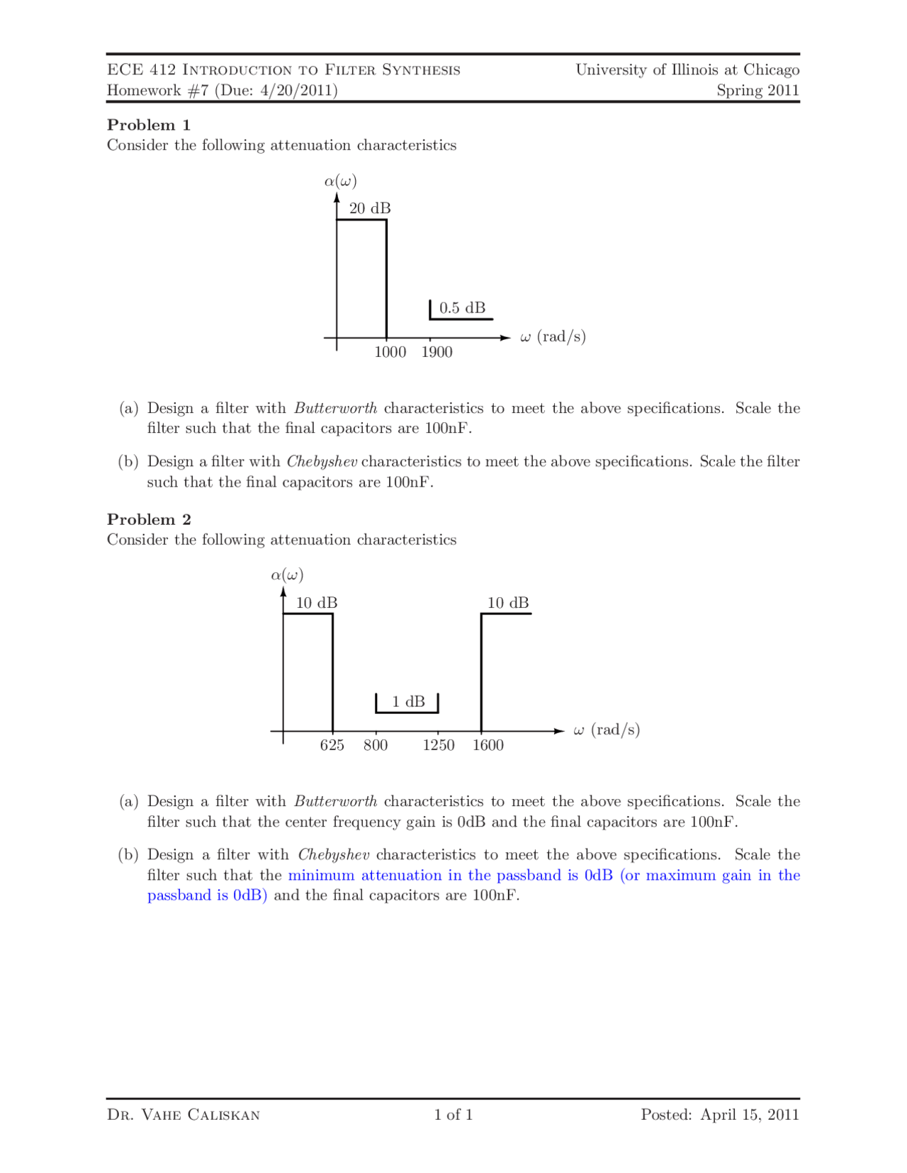 Introduction To Filter Synthesis Assignment 7 Ece 412 Docsity
