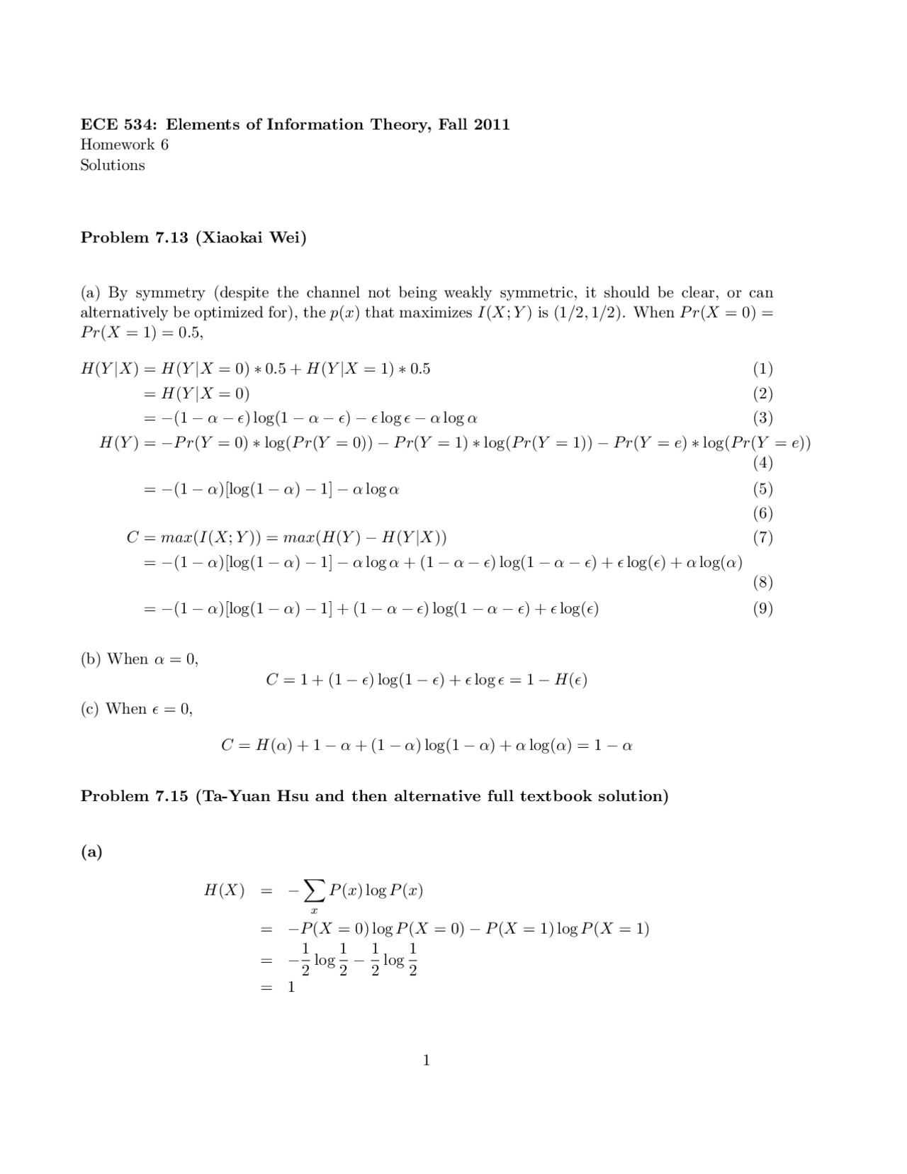 Solutions To Homework 6 Elements Of Information Theory Ece 534