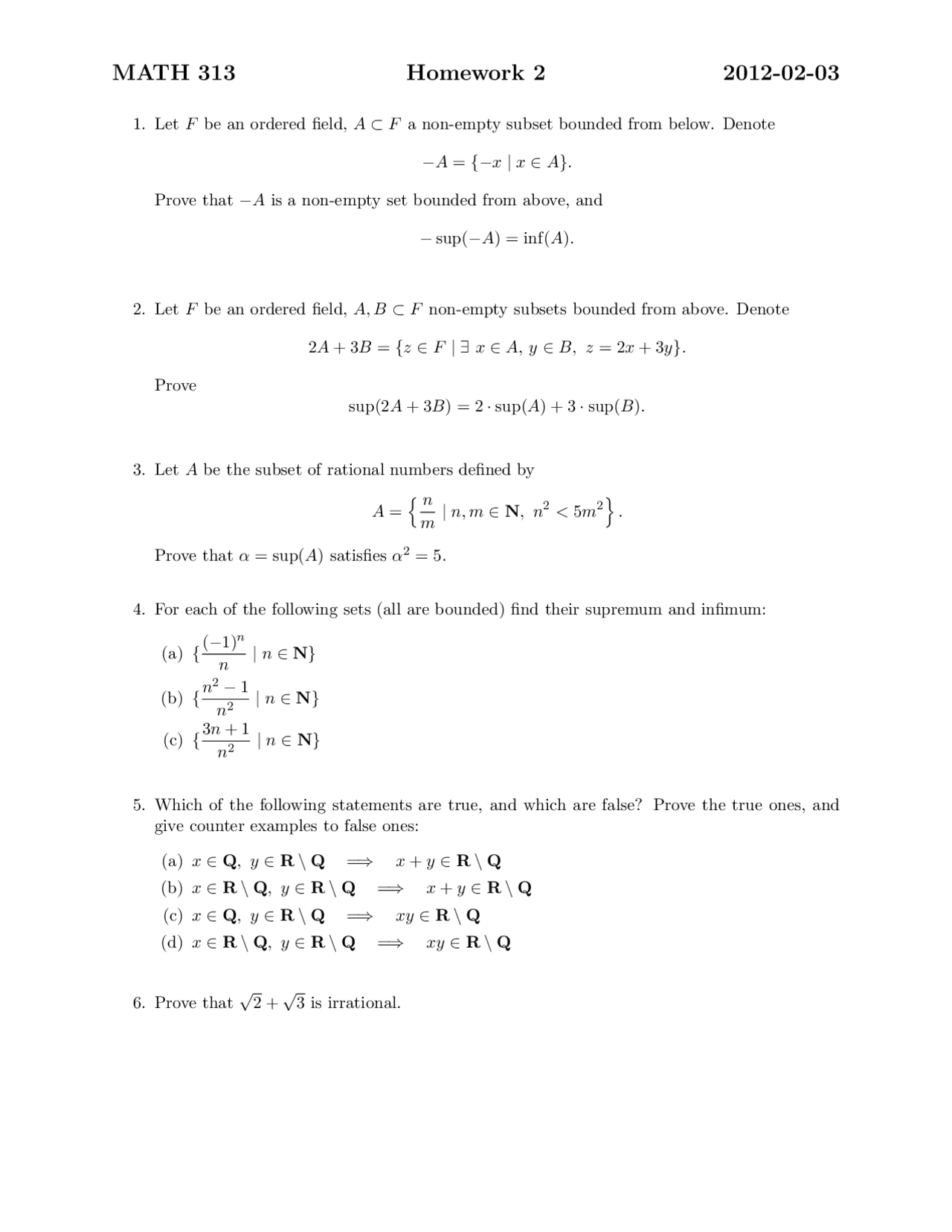 Homework 2 With Solutions For Analysis I Math 313 Docsity