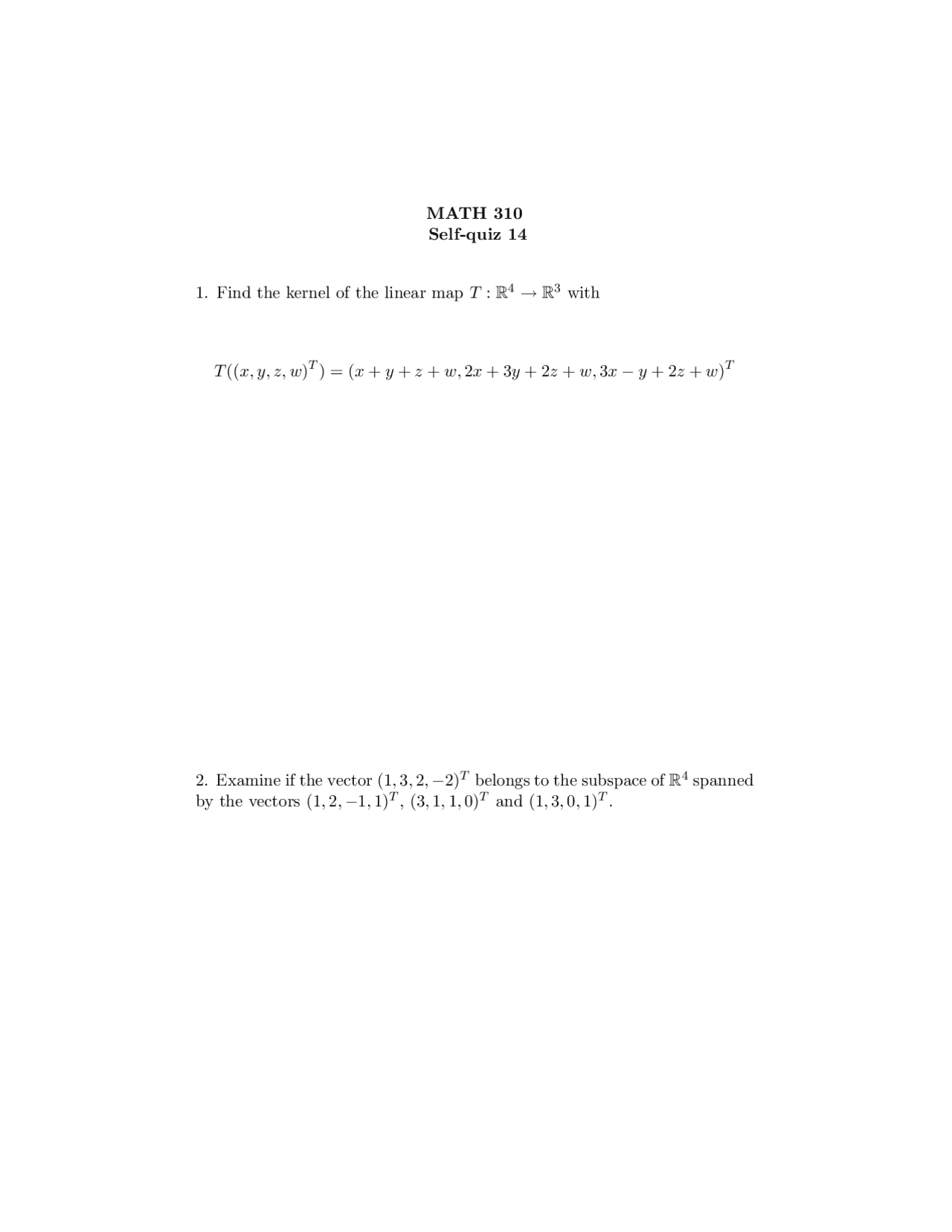 Quiz 14 For Applied Linear Algebra Math 310 Docsity