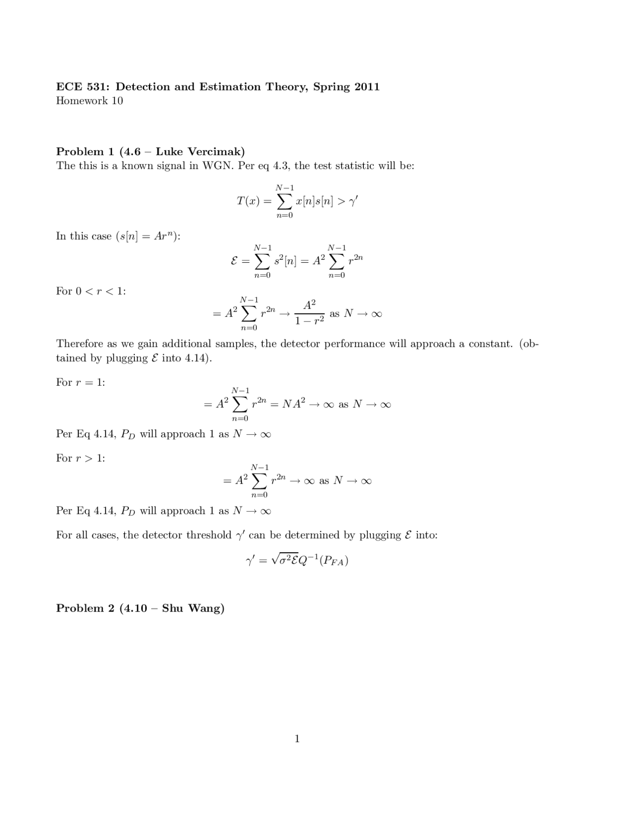 Practice Homework 10 Detection And Estimation Theory Ece 531 Docsity