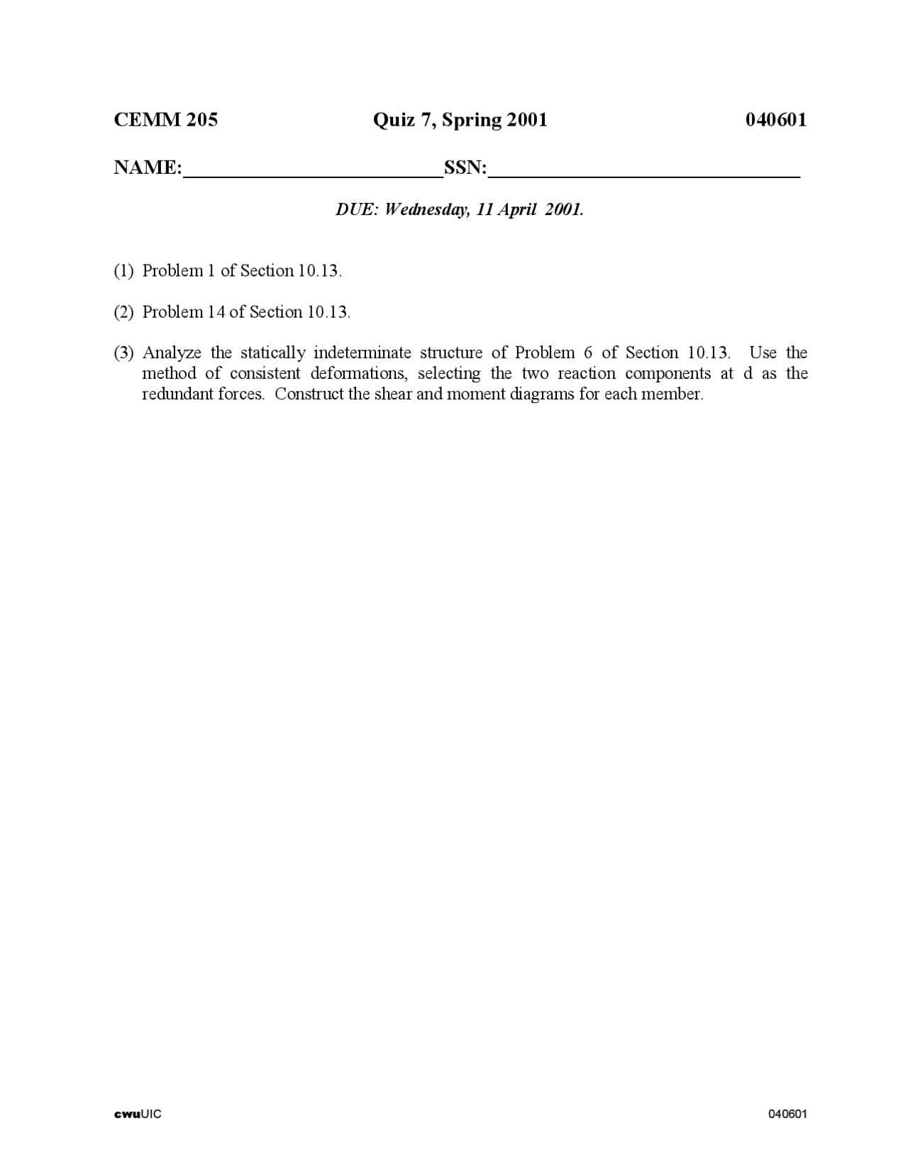 Quiz 7 Problems Structural Analysis I Cme 205 Docsity