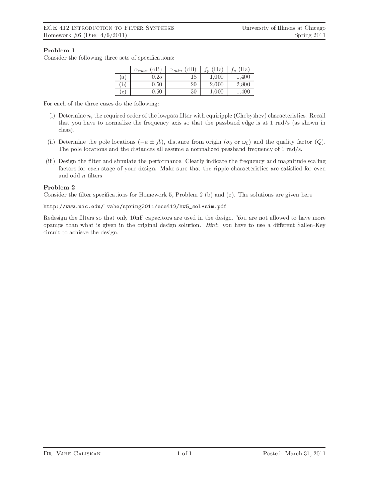 Introduction To Filter Synthesis Homework 6 Spring 2011 Ece 412