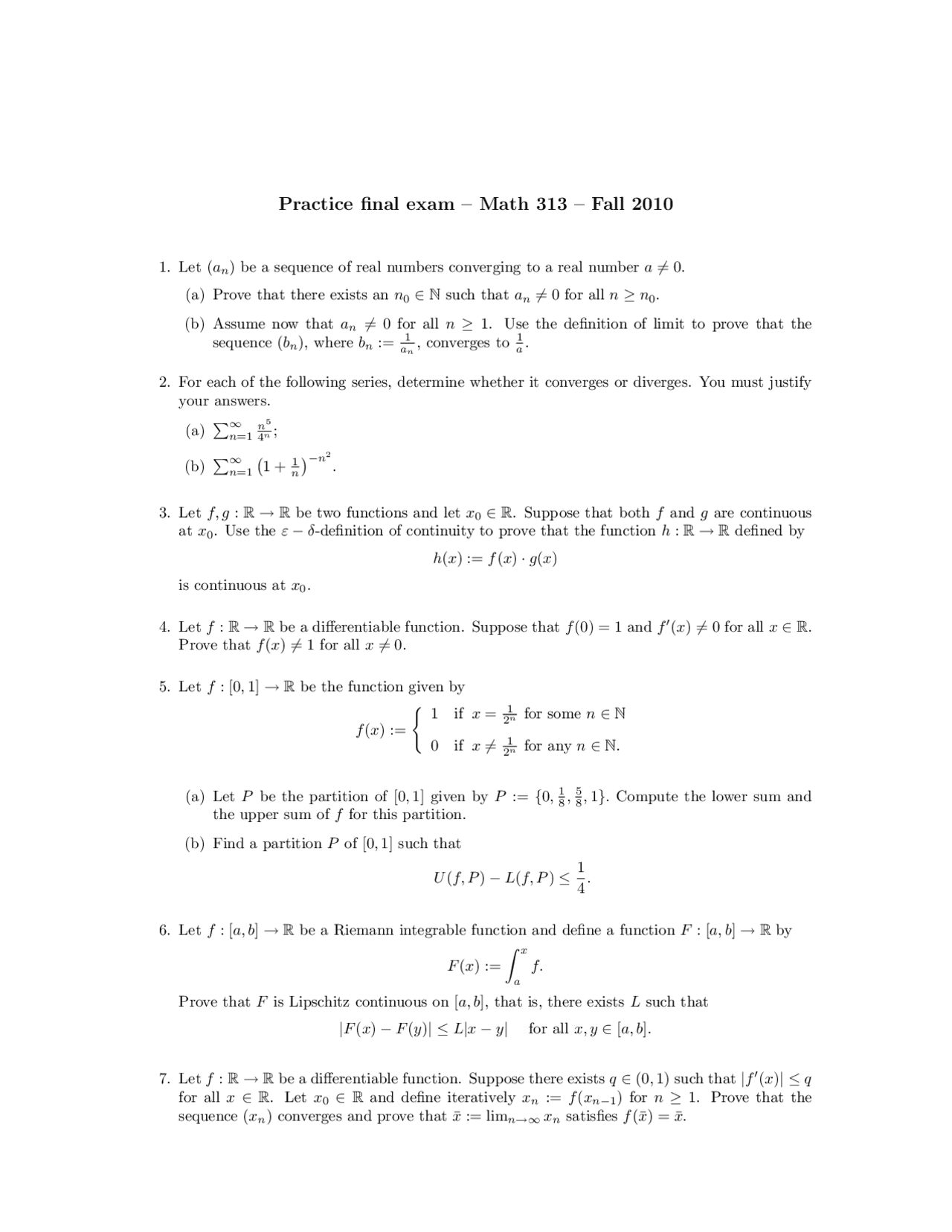 7 Questions On Analysis I Practice Final Exam Math 313 Docsity