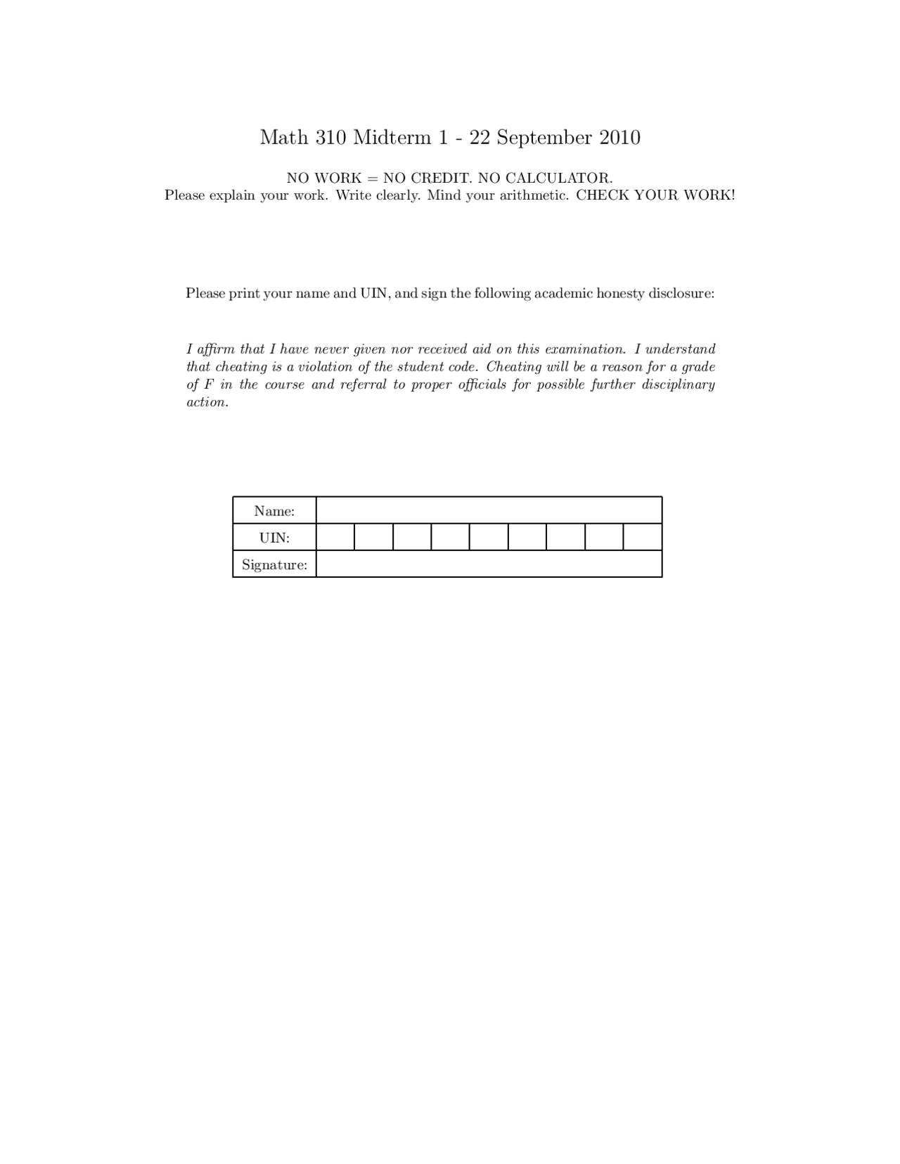 Midterm Exam 1 Questions Applied Linear Algebra Math 310 Docsity
