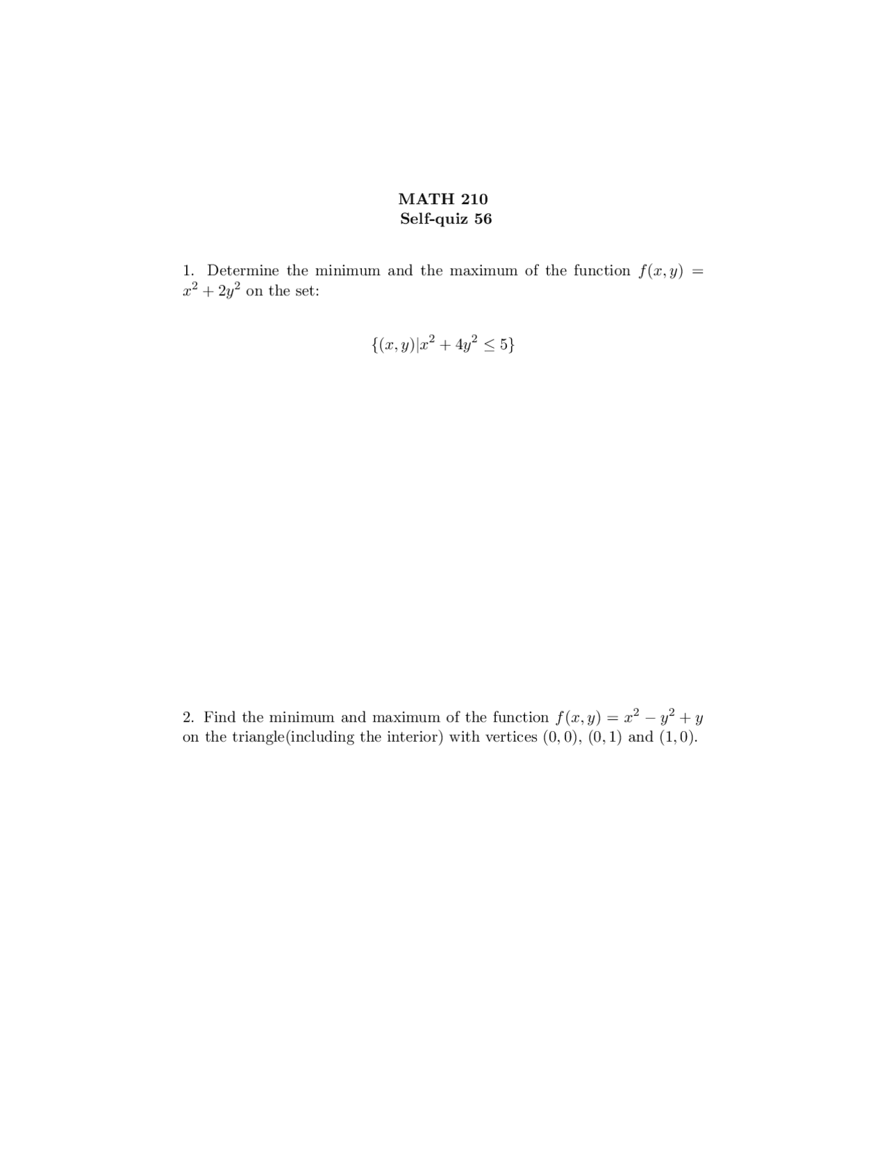 Self-Quiz #56 with Answers - Calculus III | MATH 210 - Docsity