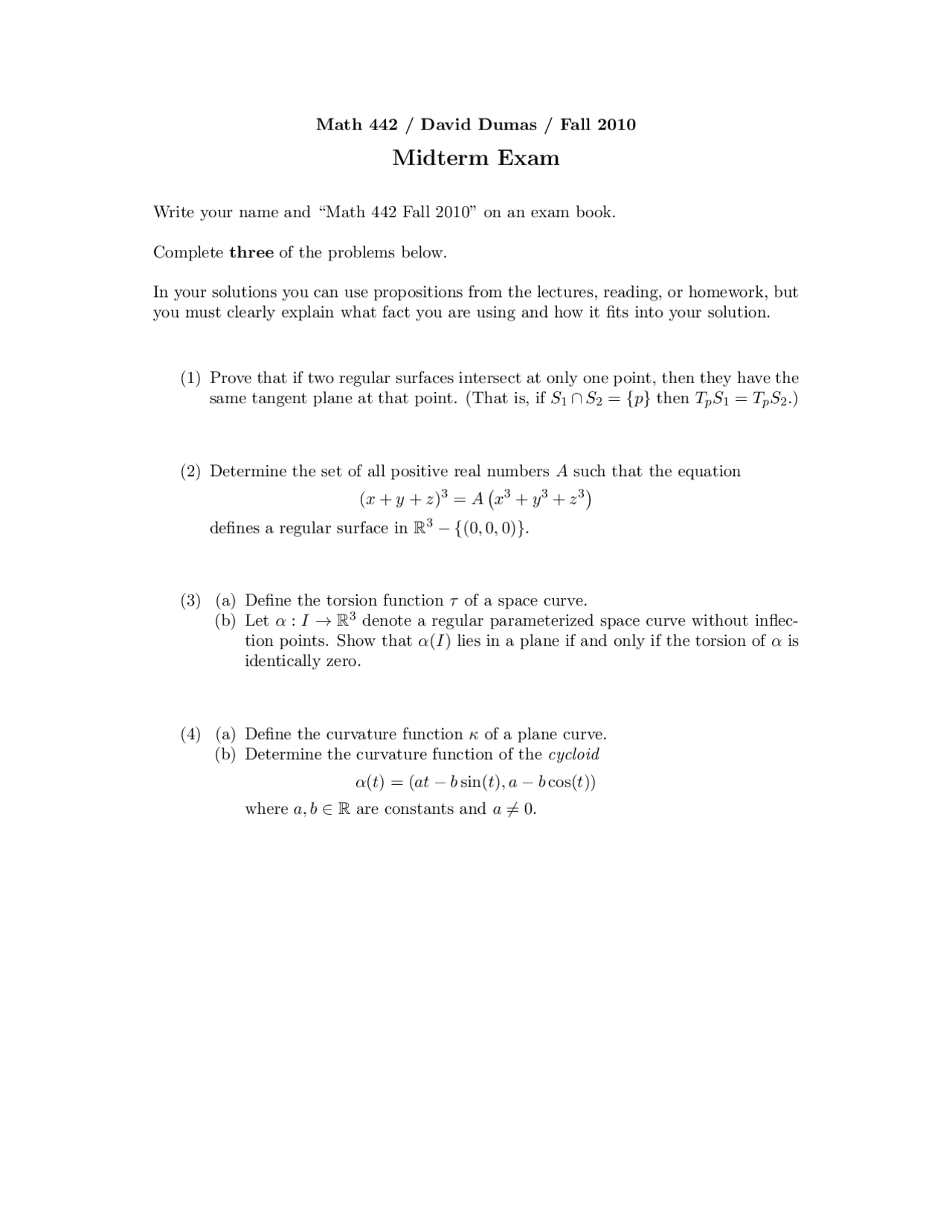Midterm Exam On Differential Geometry Of Curves And Surfaces Fall