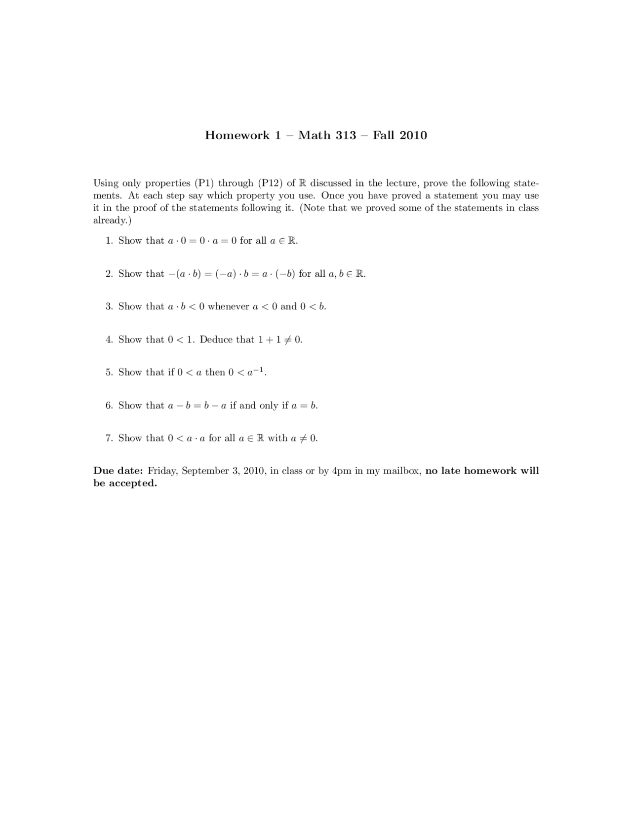 Analysis I Assignment 1 Questions Math 313 Docsity