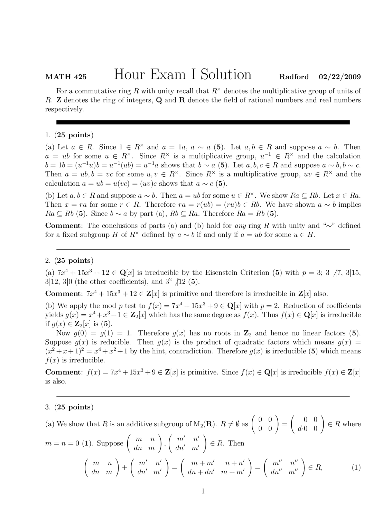 Solutions For Exam 1 Linear Algebra Ii Math 425 Docsity