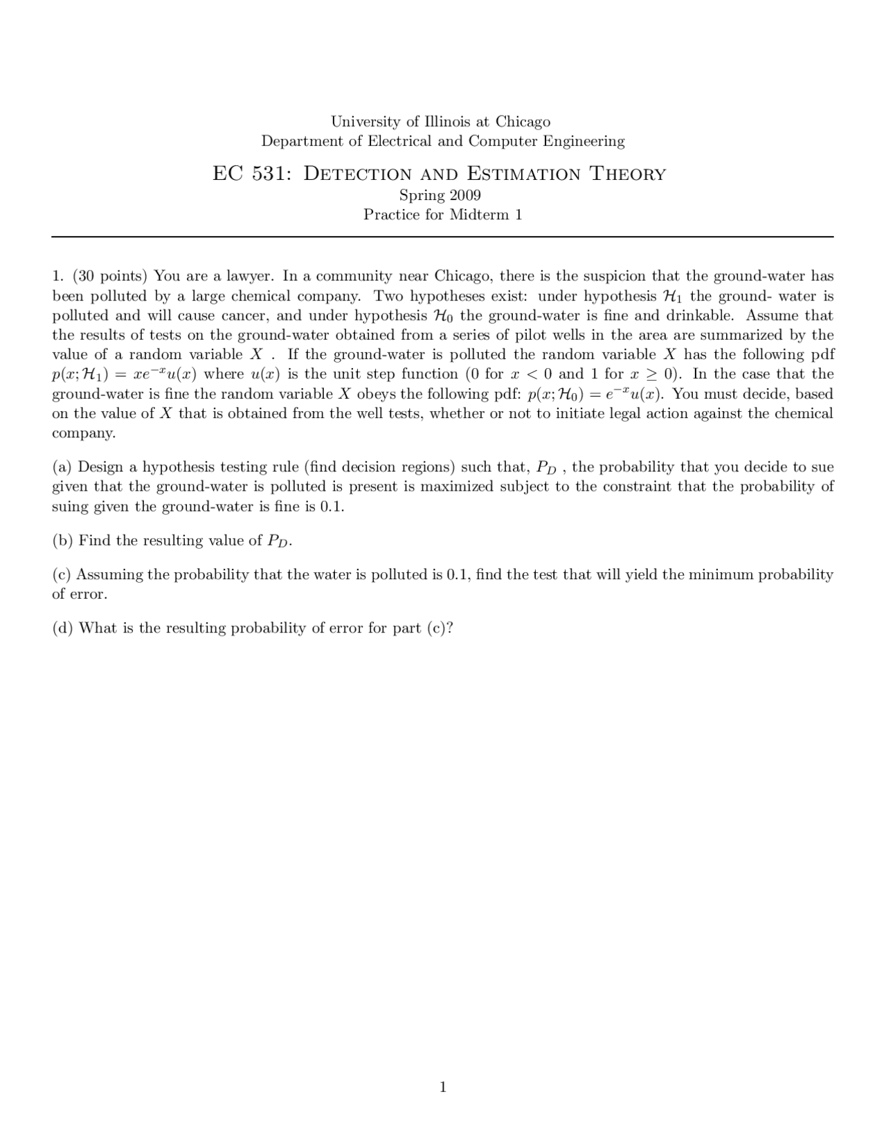 Practice For Midterm Exam 1 Detection And Estimation Theory Ece 531