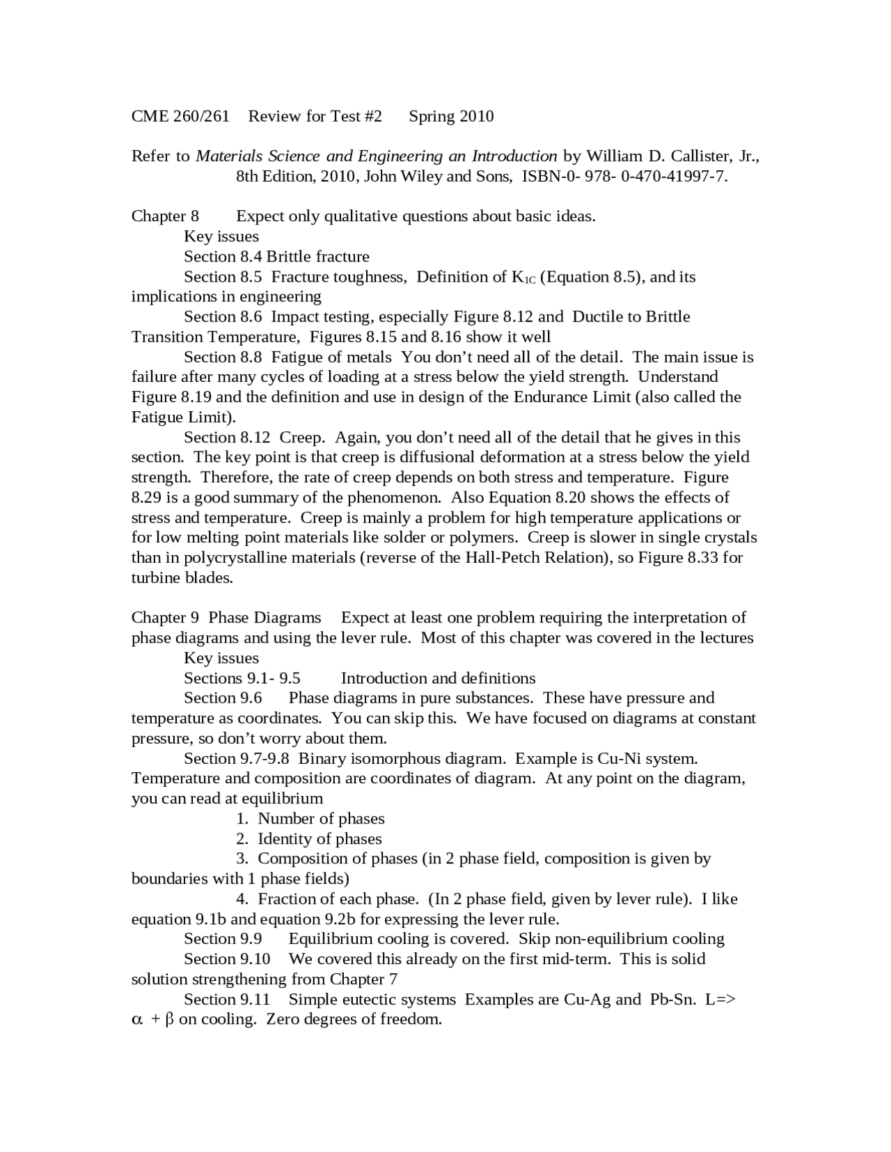 Review For Test 2 Properties Of Materials Cme 260 Docsity