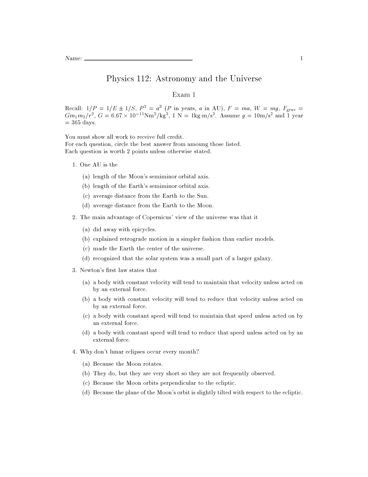 40 Mcqs Questions On Astronomy And The Universe Exam 1 Phys 112