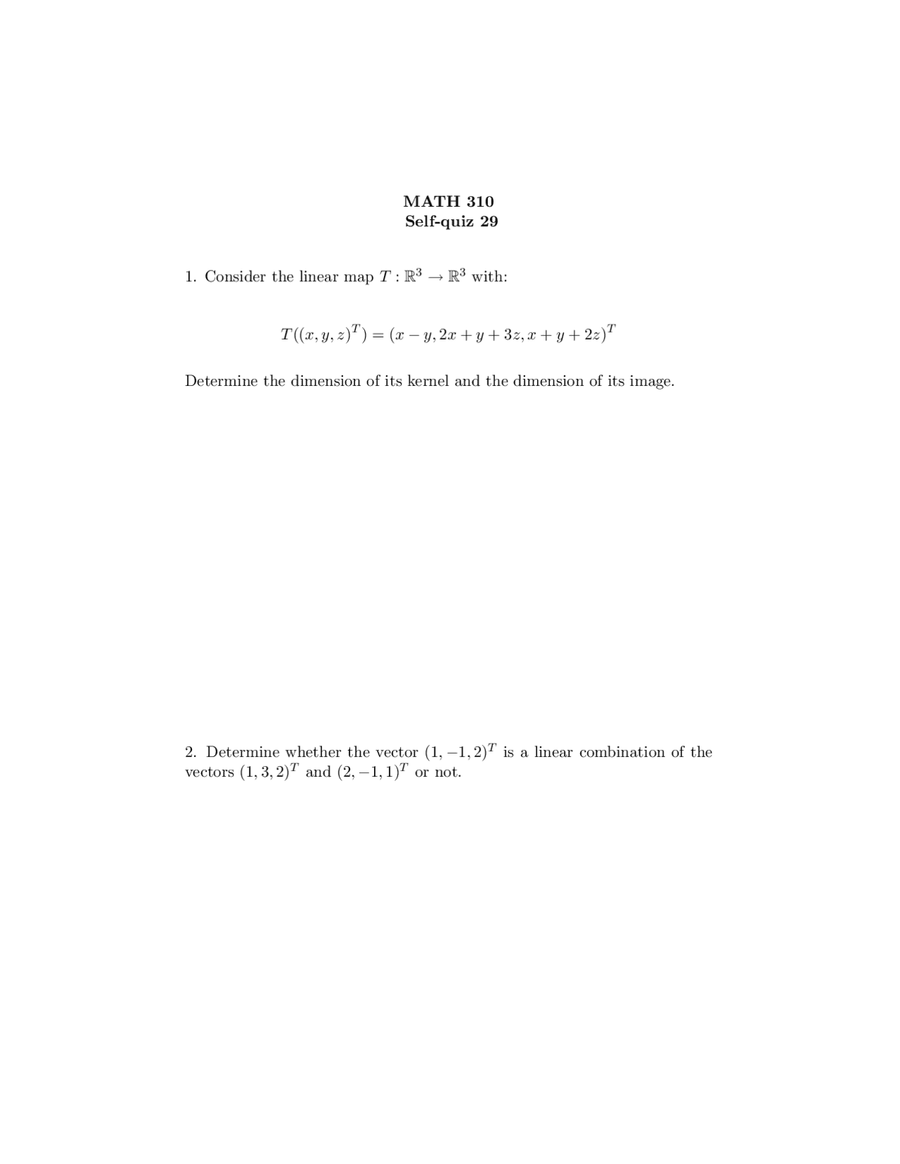 Applied Linear Algebra Solved Quiz 29 Math 310 Docsity