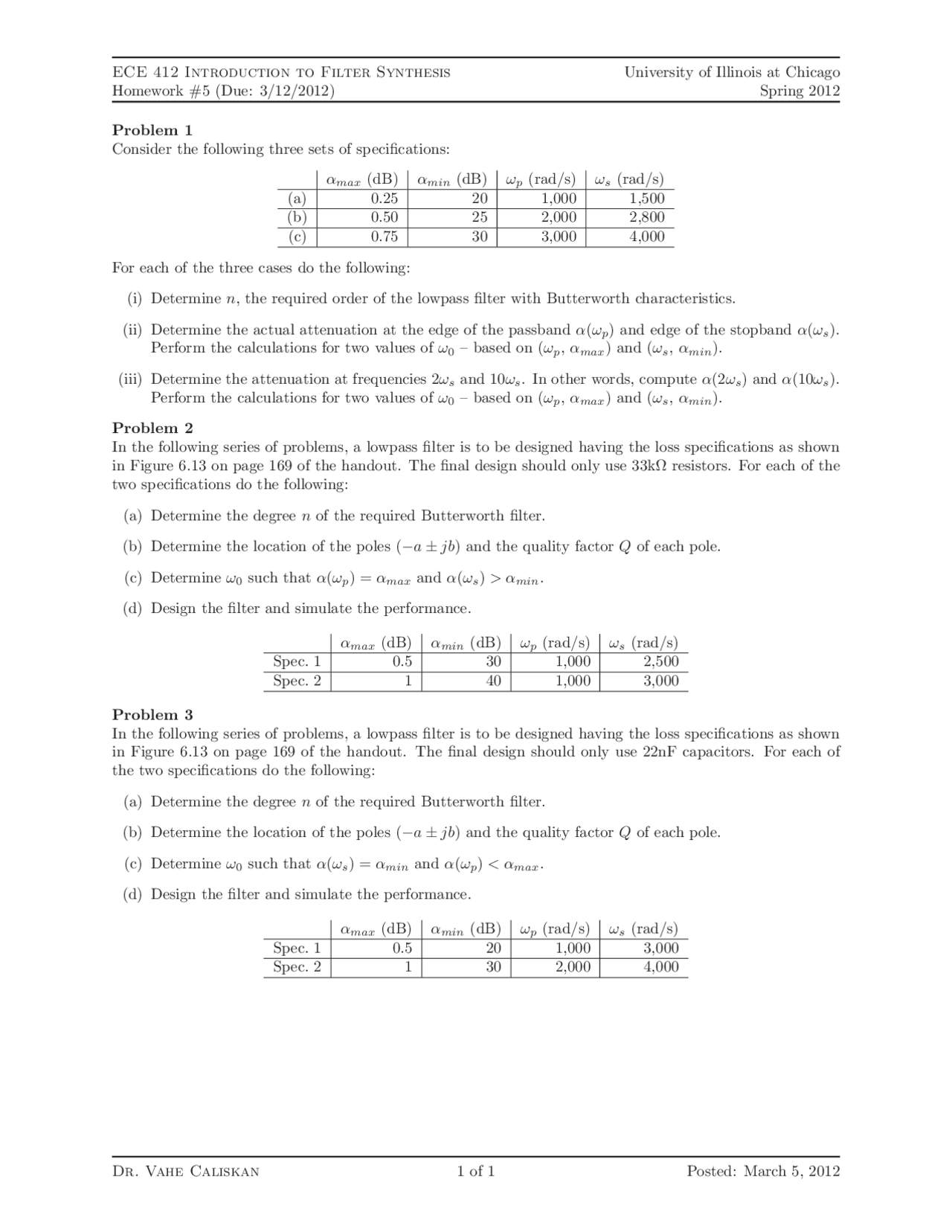 Assignment 5 With Solutions For Introduction To Filter Synthesis Ece