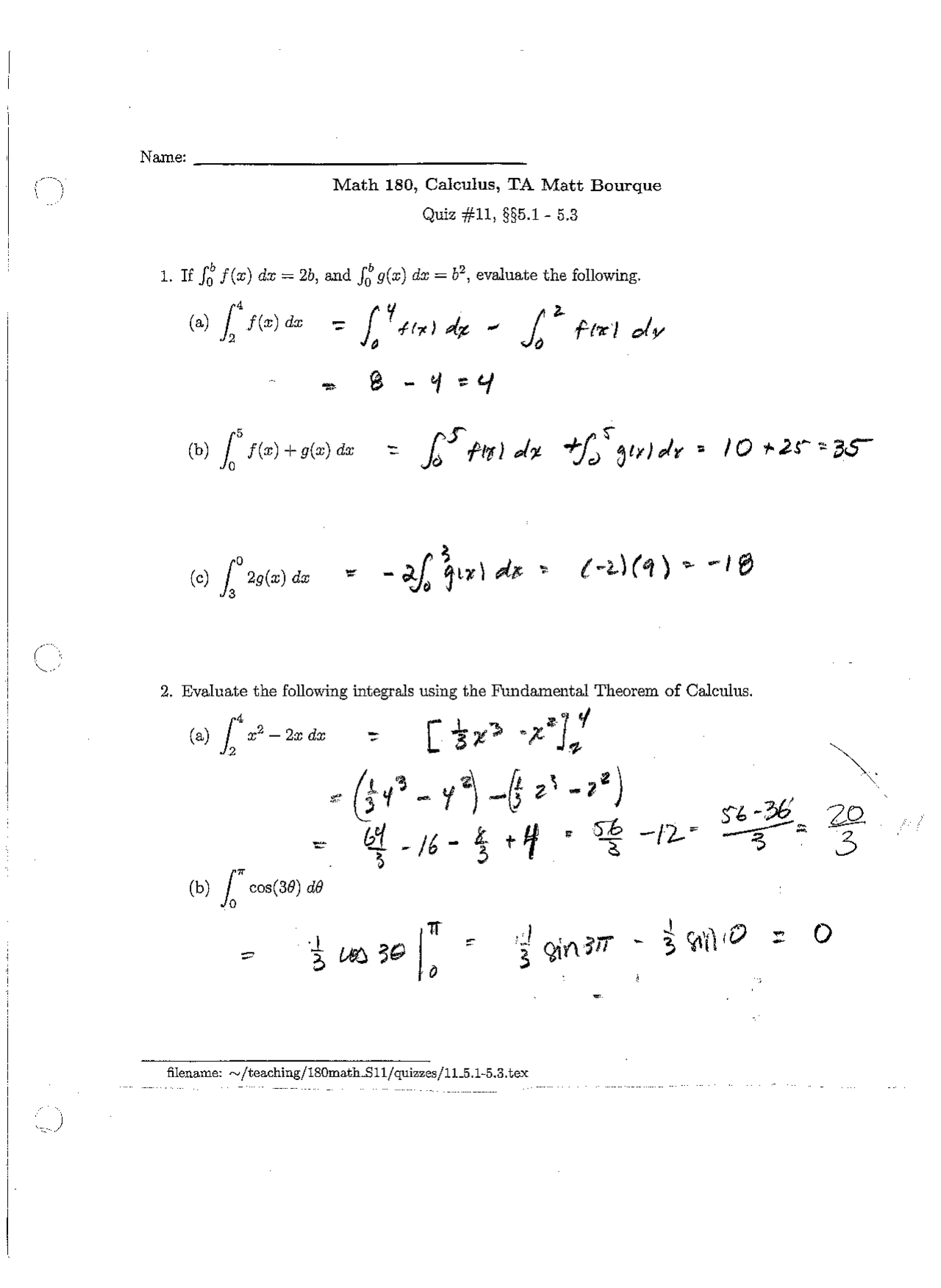 2 Problems On Evaluate The Integrals Using Fundamental Theorem Quiz