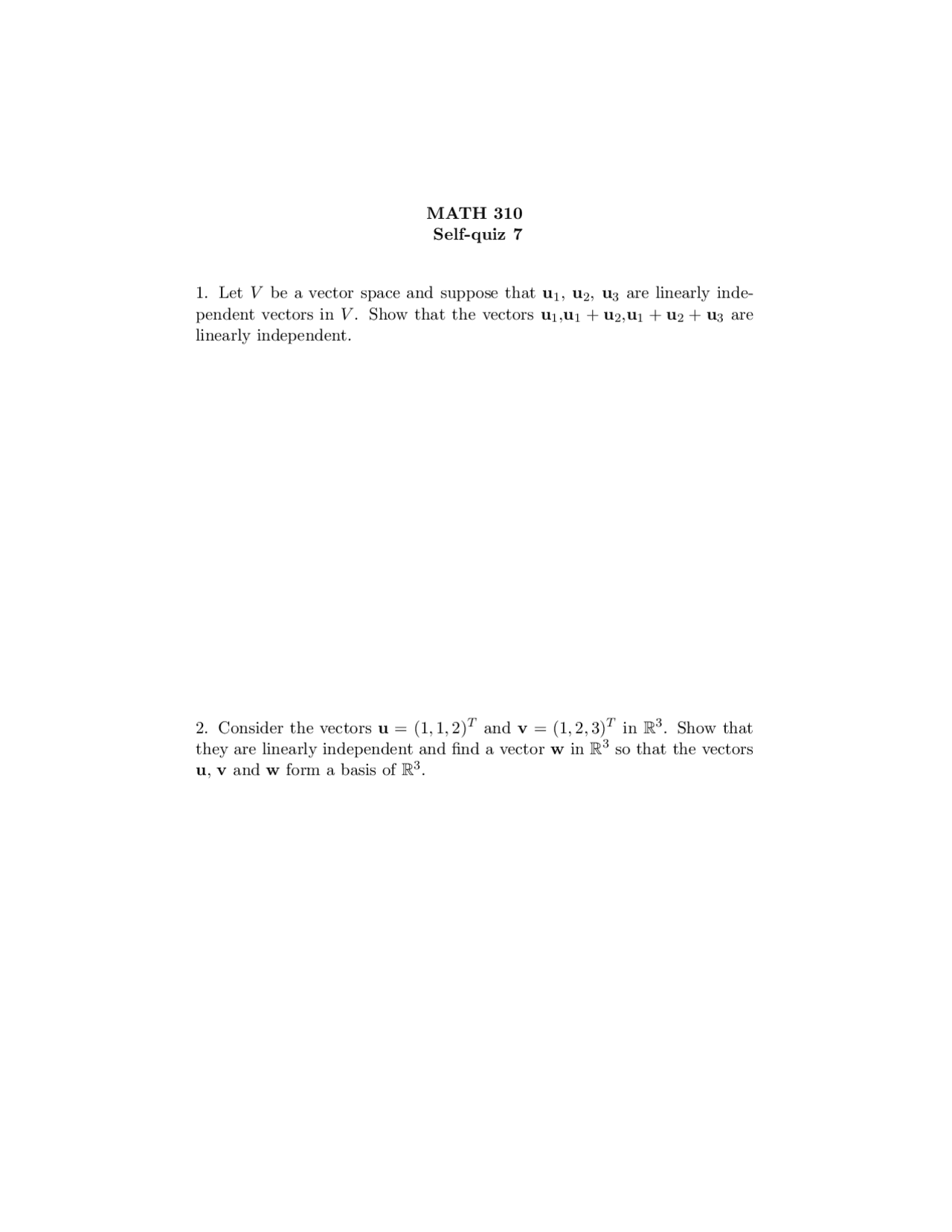 Quiz 7 Applied Linear Algebra Math 310 Docsity