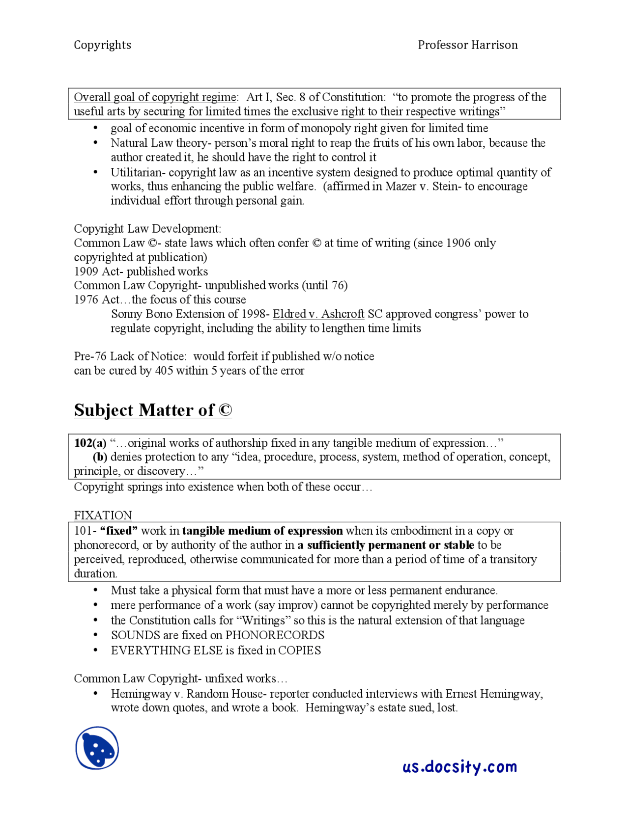 Copyright Outline 3 - Subject Matter of Copyright, Originality ...