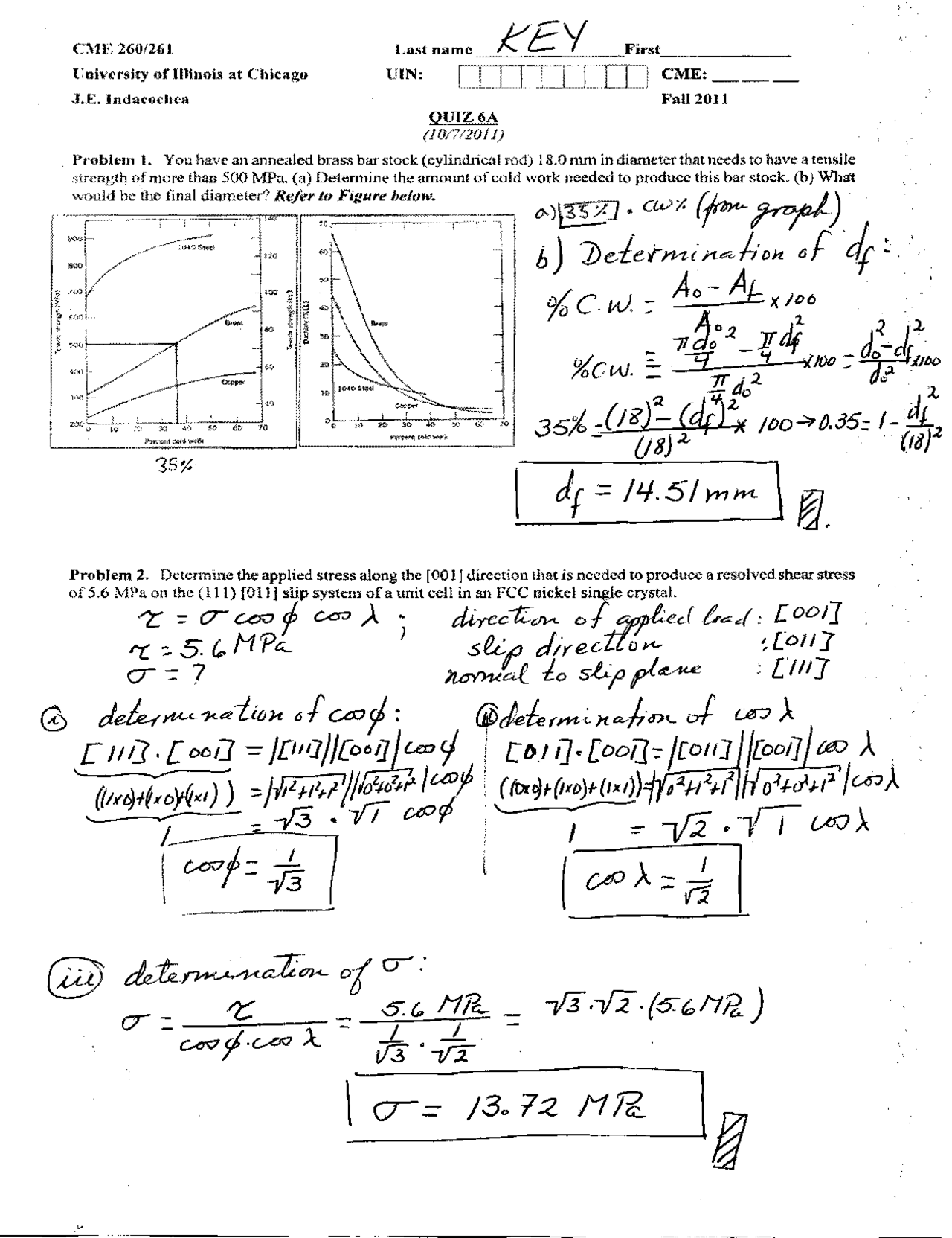 Properties Of Materials Quiz 6a With Key Solutions To Problems Cme