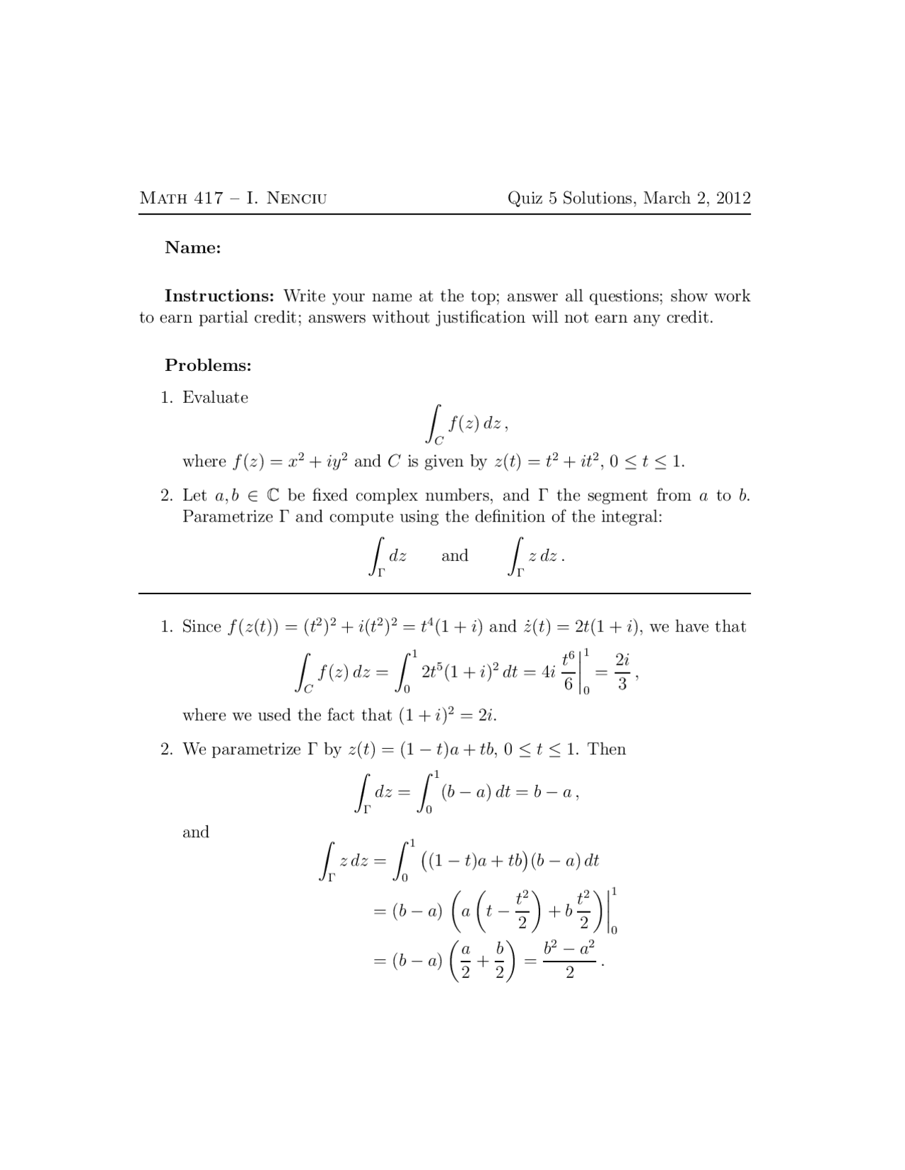 Quiz 5 Solutions Complex Analysis With Applications Math 417 Docsity
