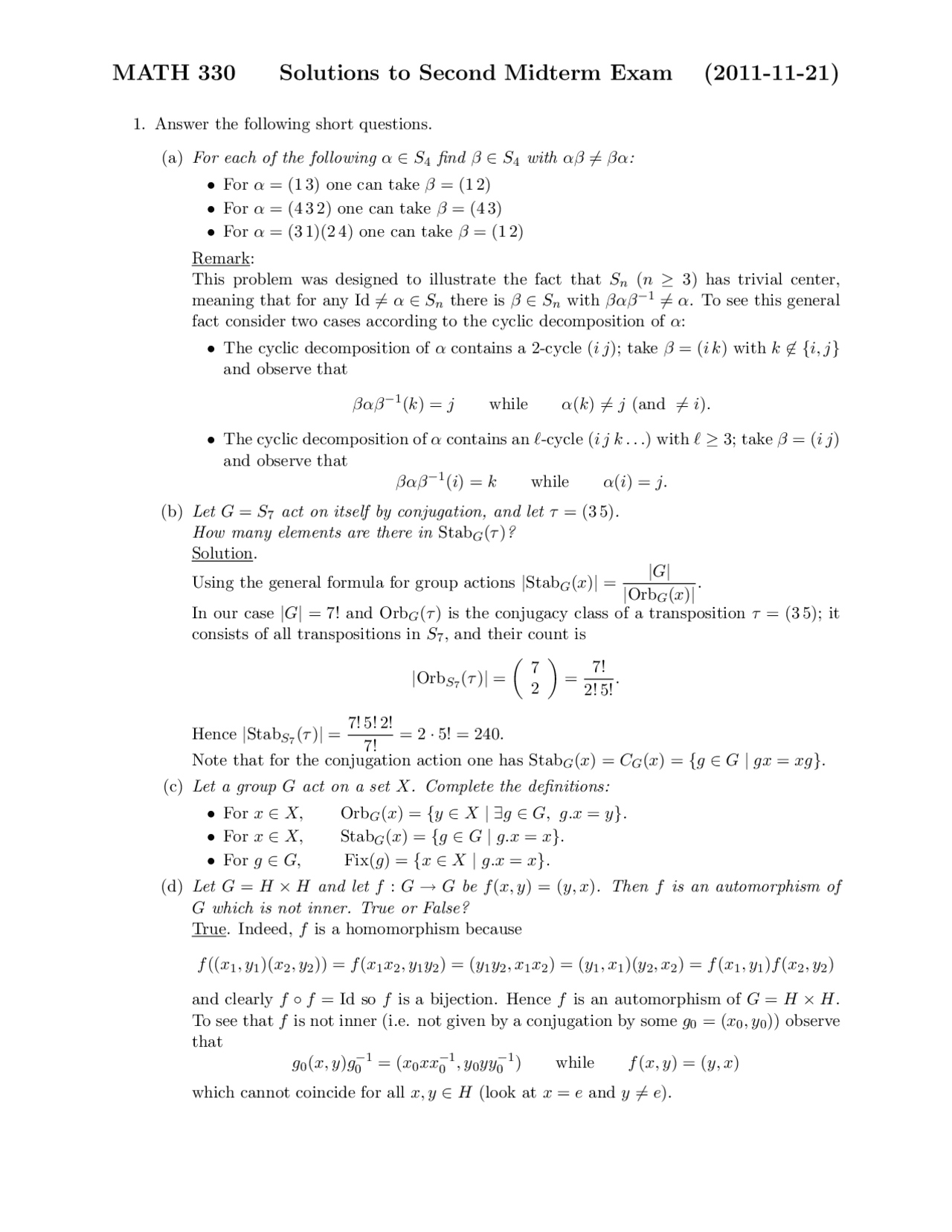 5 Solved Questions on Conjugation Action in Algebra I- Midterm Exam | MATH 330 | Exams Abstract ...
