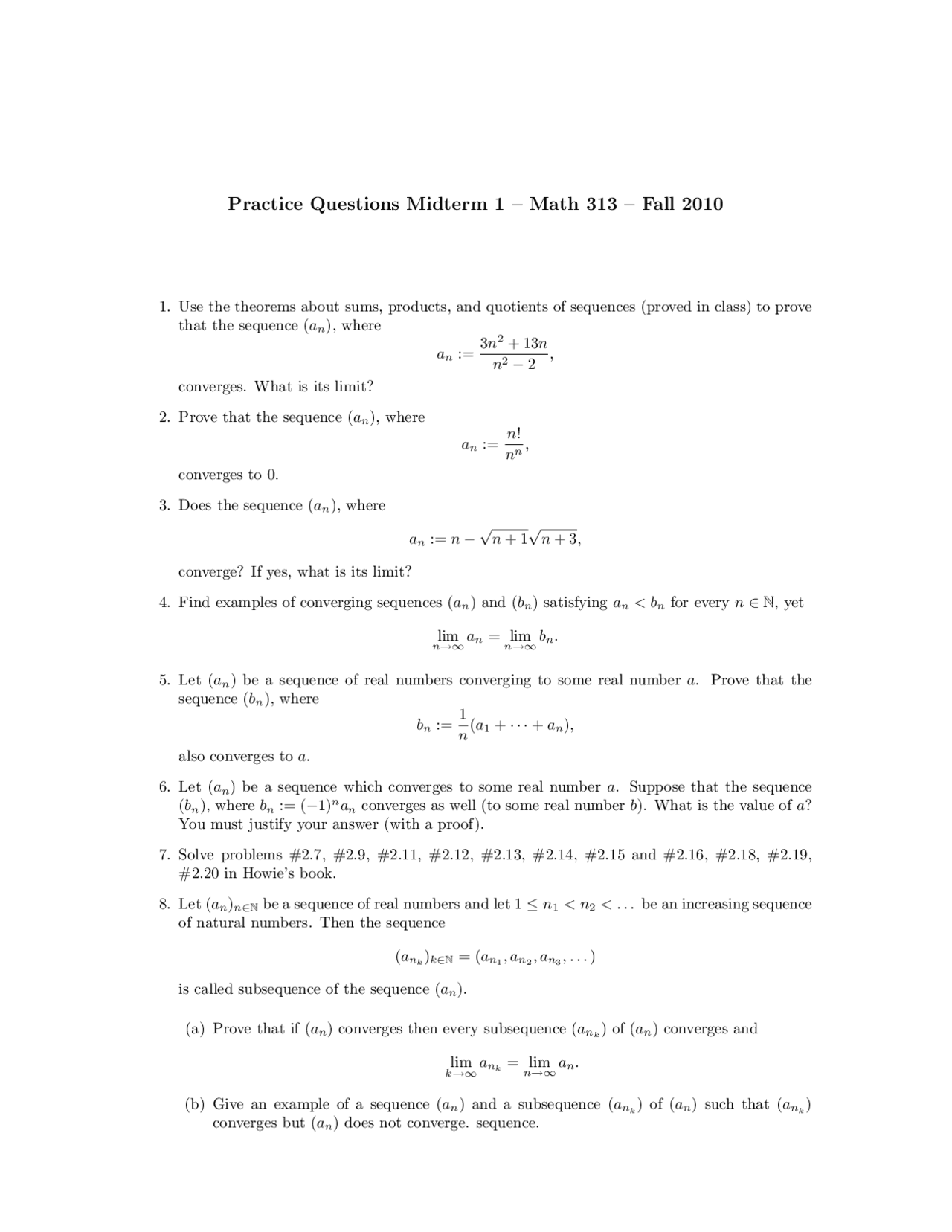 Practice Questions For Midterm 1 Analysis I Math 313 Docsity