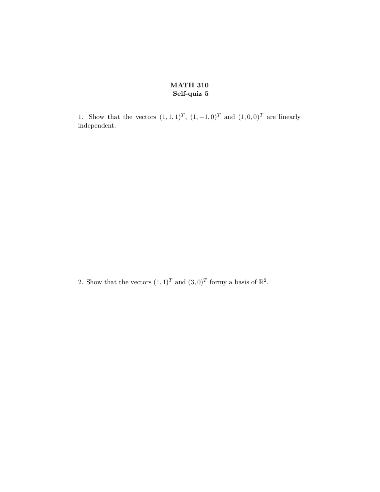 Quiz 5 with Solutions for Applied Linear Algebra | MATH 310 - Docsity