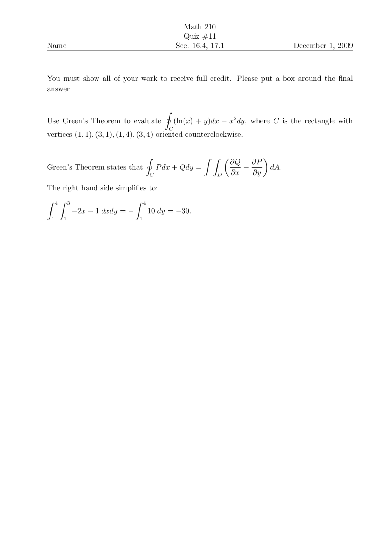 Quiz 11 Theorem - Fall 2009 - Calculus III | MATH 210 - Docsity