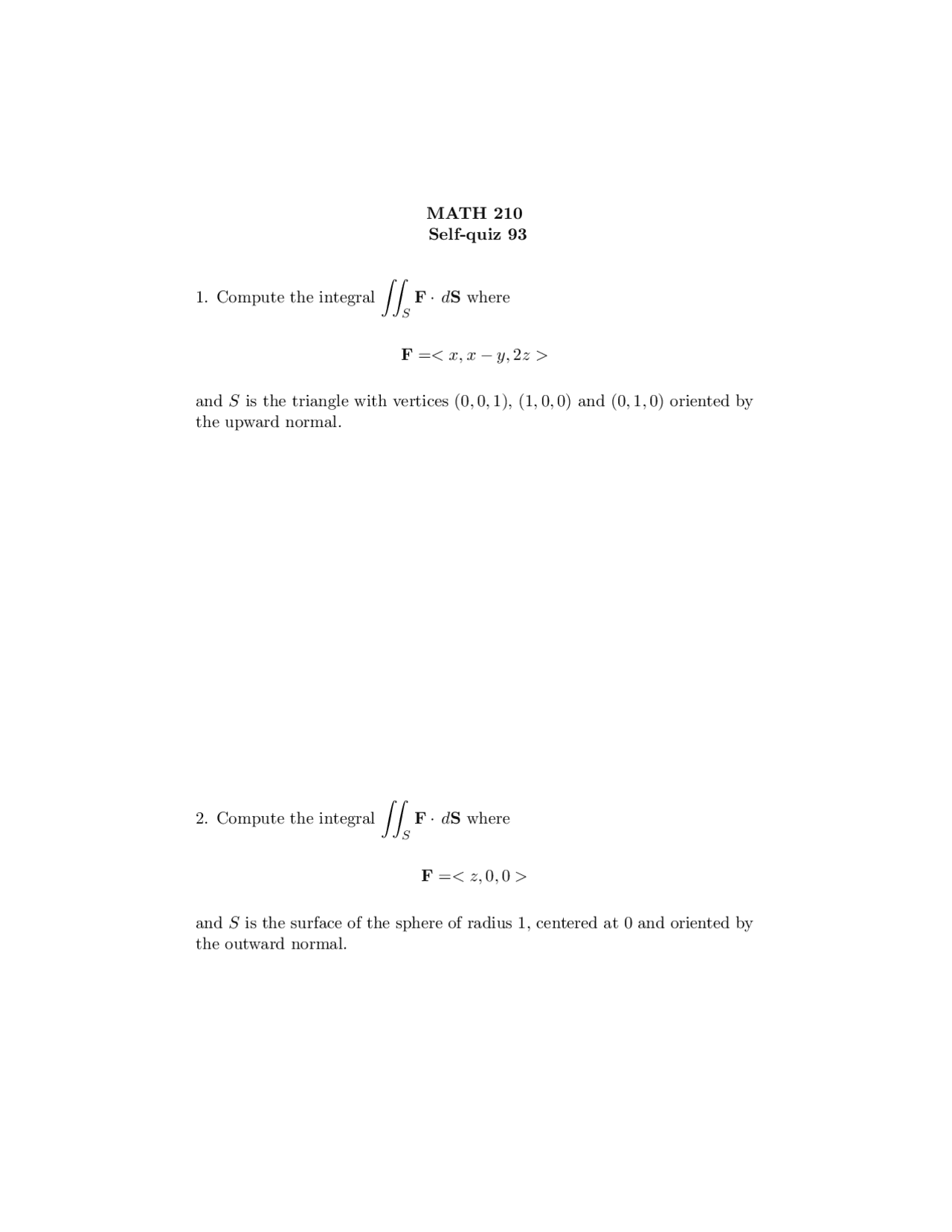 Self Quiz 93 With Solutions Calculus Iii Math 210 Docsity