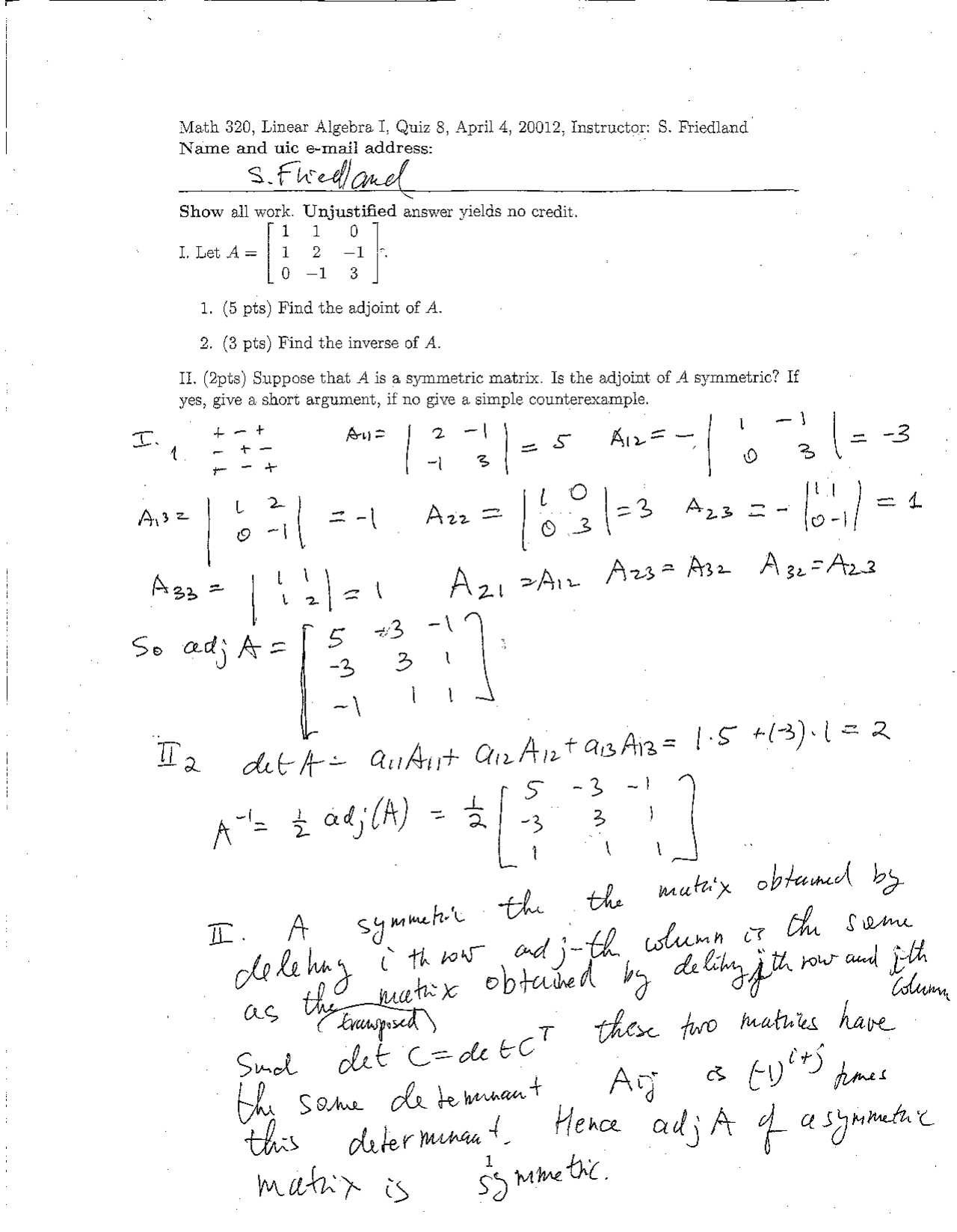 Quiz 8 with Solution for Linear Algebra | MATH 320 | Quizzes Linear Algebra | Docsity