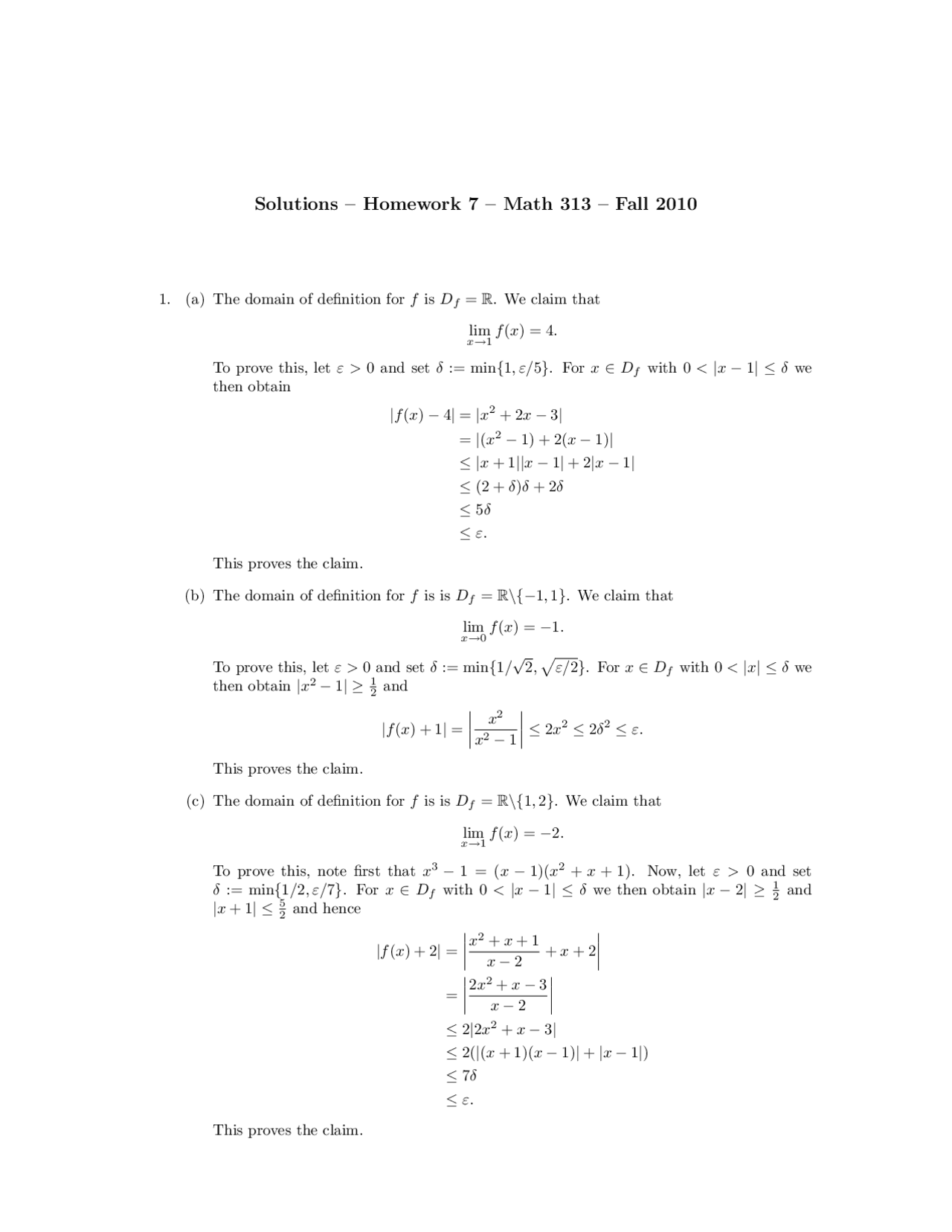 Analysis I Solutions To Homework 7 Fall 2010 Math 313 Docsity