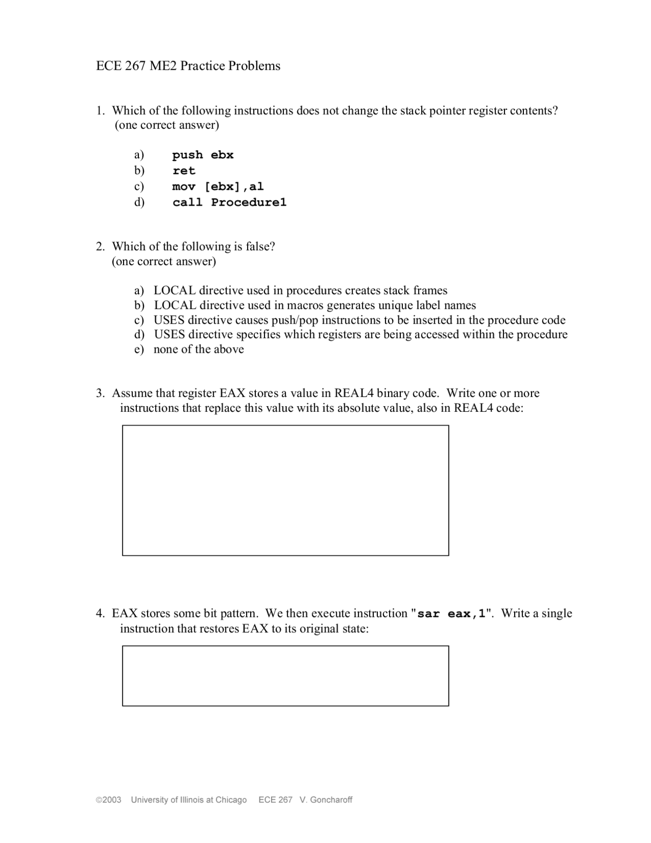 Practice Problems Computer Organization I Ece 267 Docsity