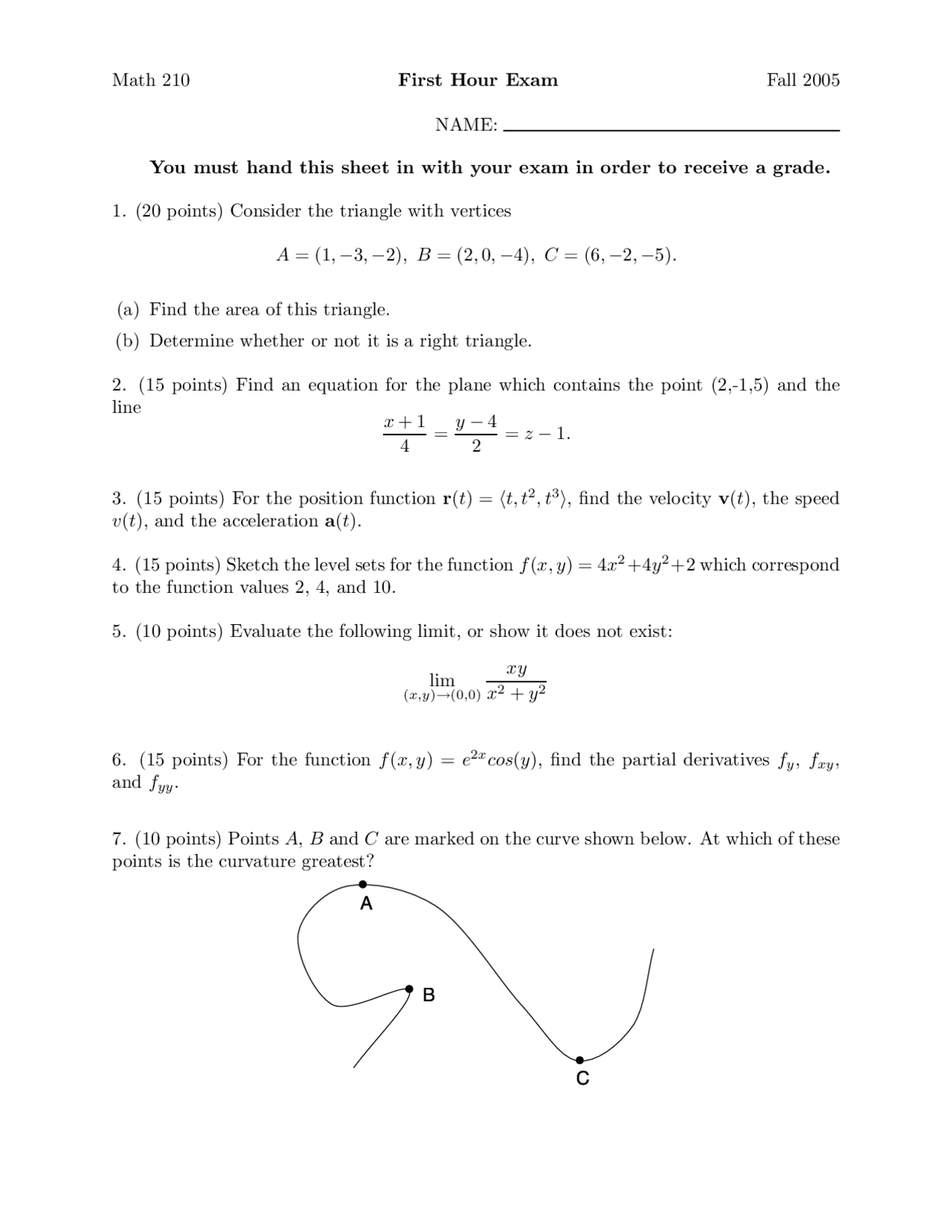 7 Questions On Calculus Iii Sample Exam 1 Math 210 Docsity