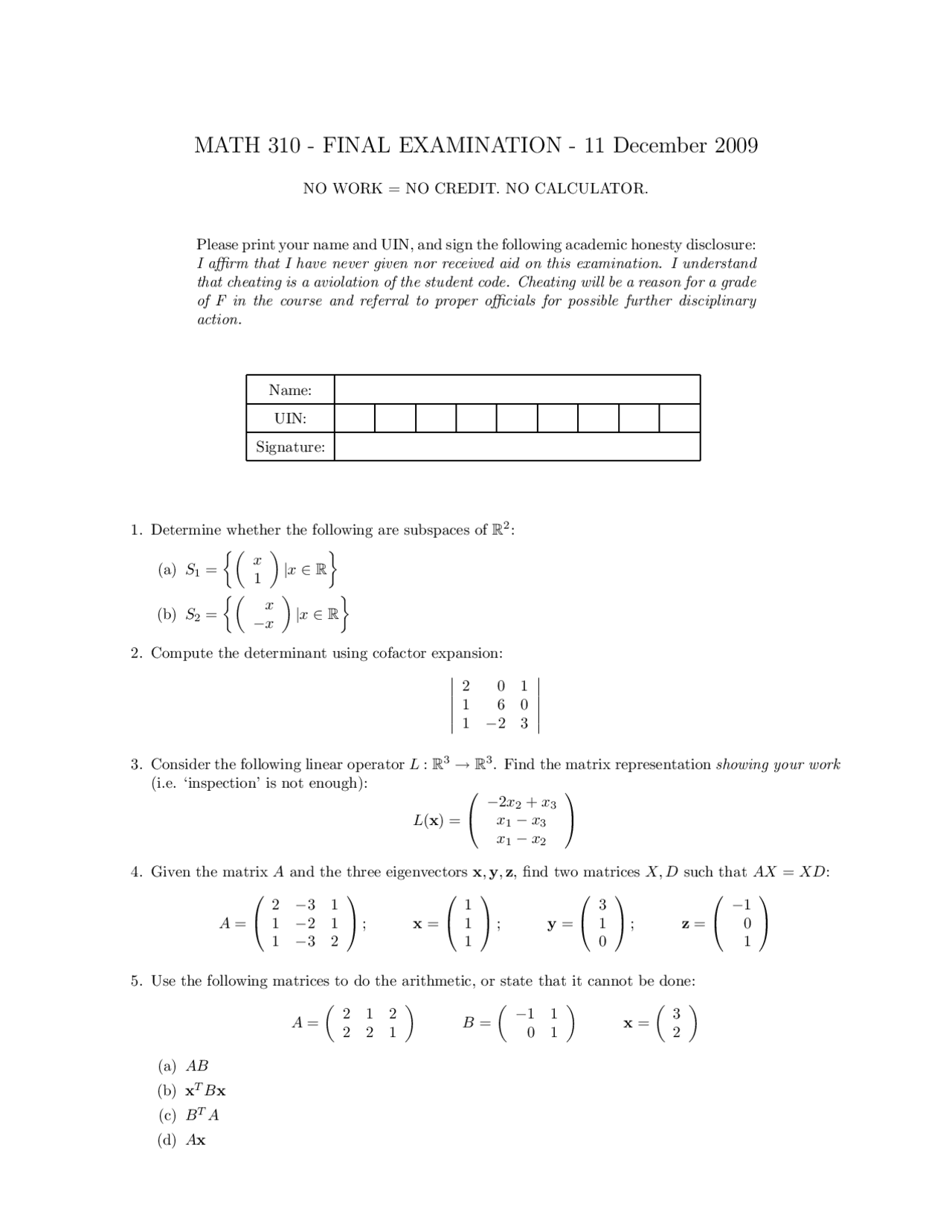 12 Questions On Applied Linear Algebra Final Examination Math 310