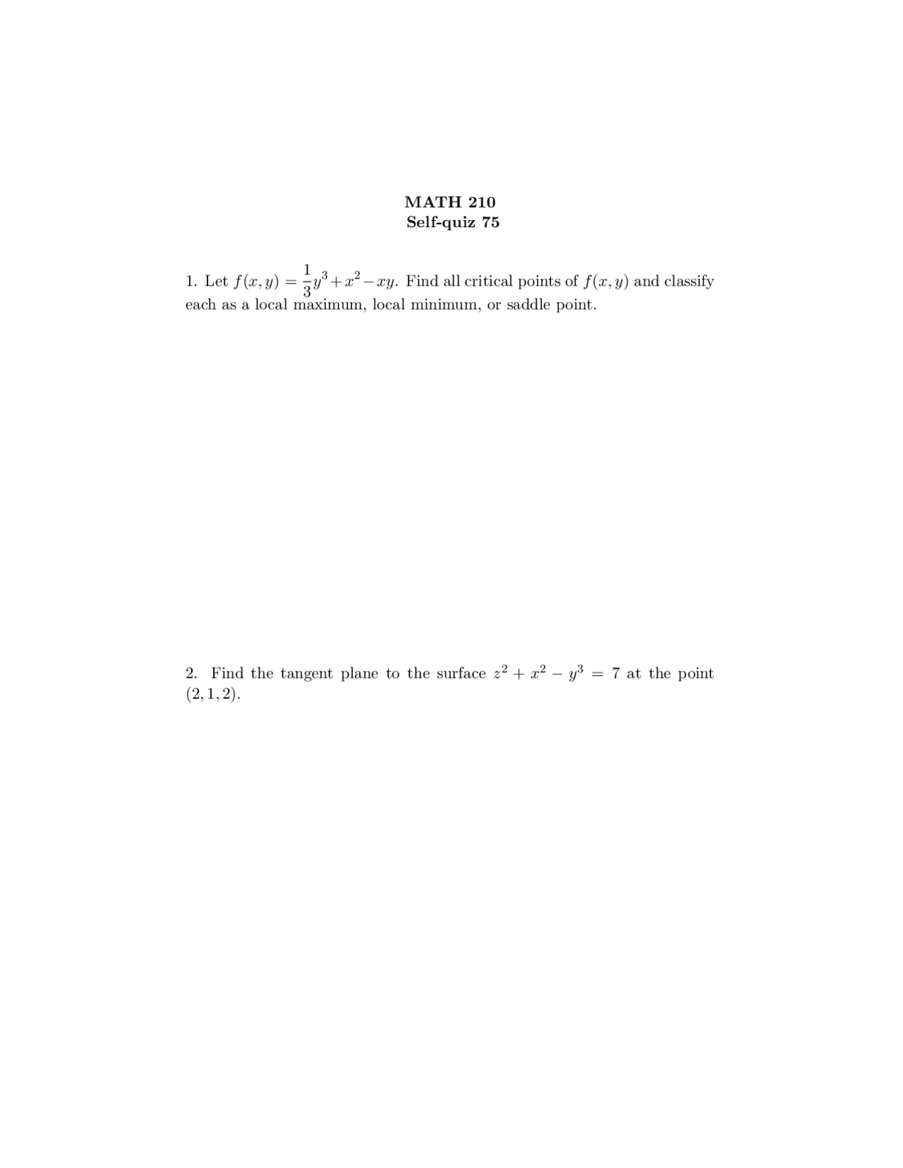 Calculus Iii Practice Quiz 75 With Solutions Math 210 Docsity