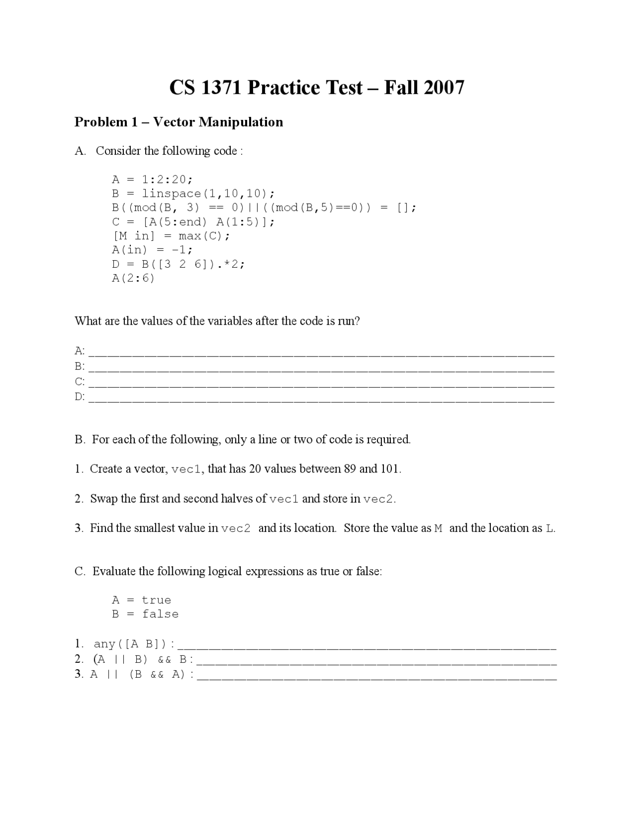 Problems On Vector And String Manipulation Midterm Exam Cs 1371
