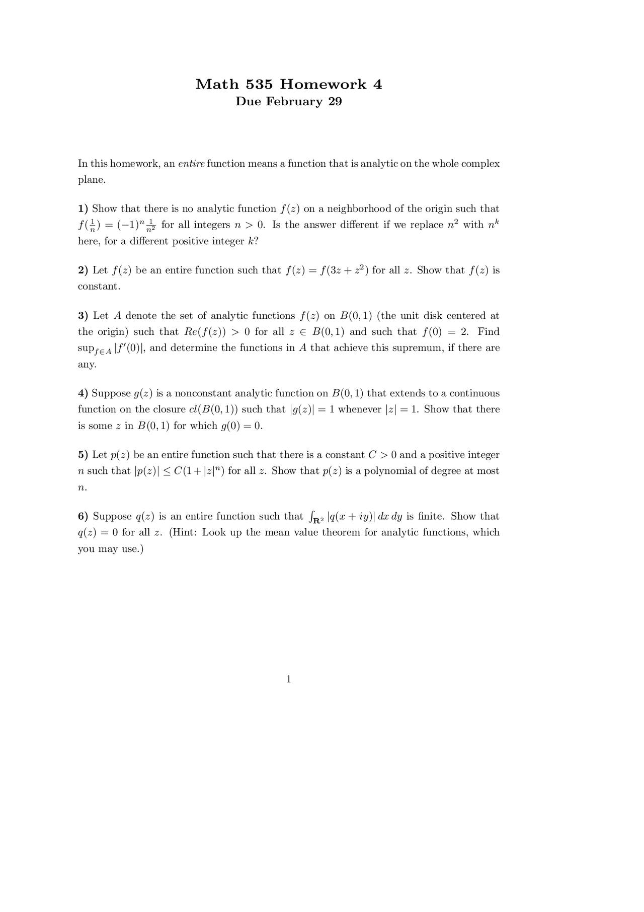 6 Problems On Assignment 4 For Complex Analysis I Math 535 Docsity