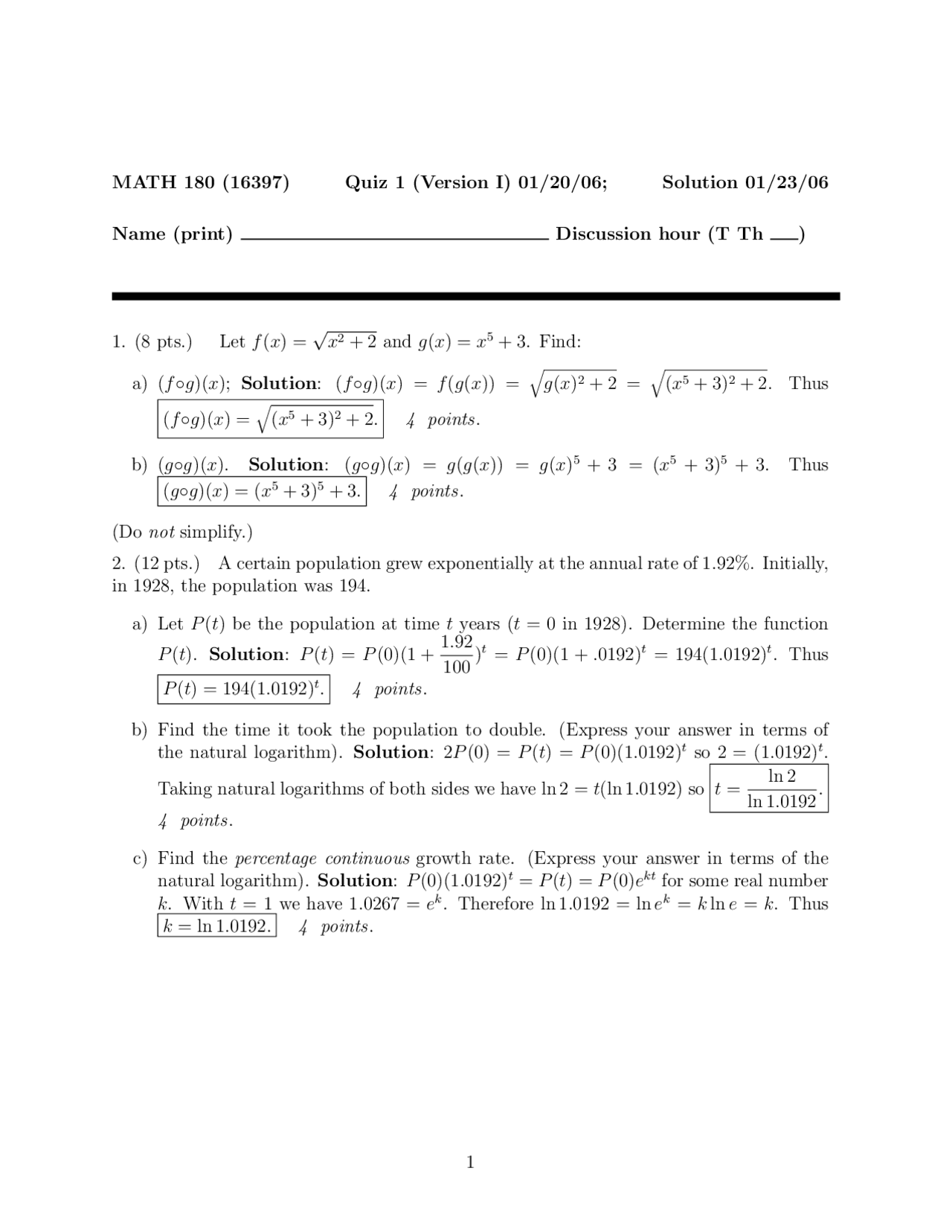 Solutions to Quiz 1A Questions - Calculus I | MATH 180 - Docsity