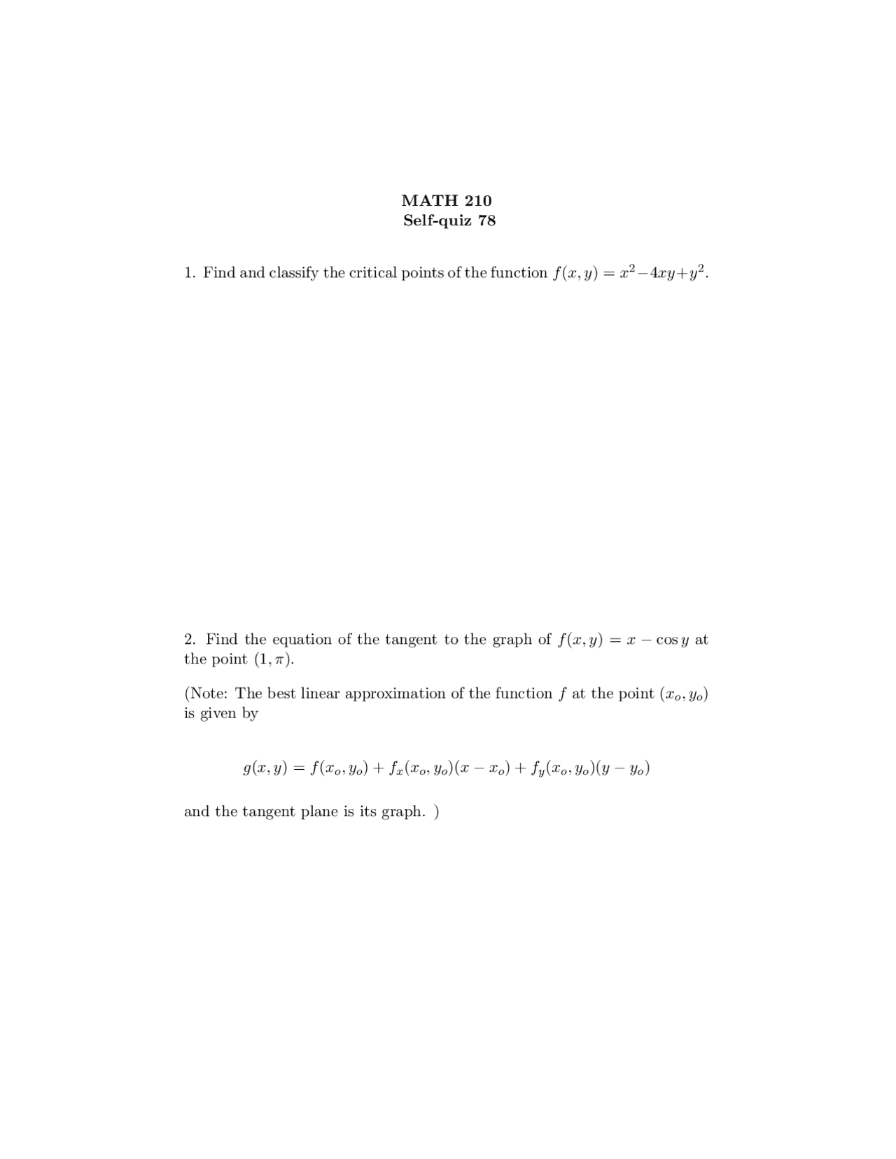 Calculus Iii Self Quiz 78 With Solutions Math 210 Docsity