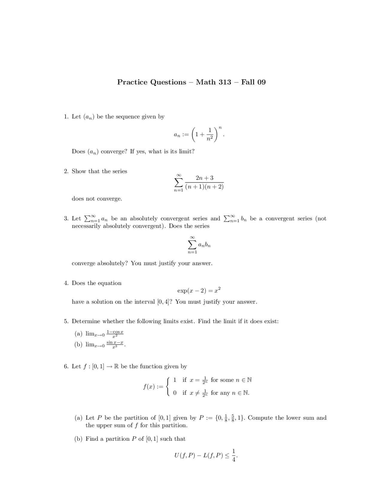 9 Practice Questions Analysis I Math 313 Docsity