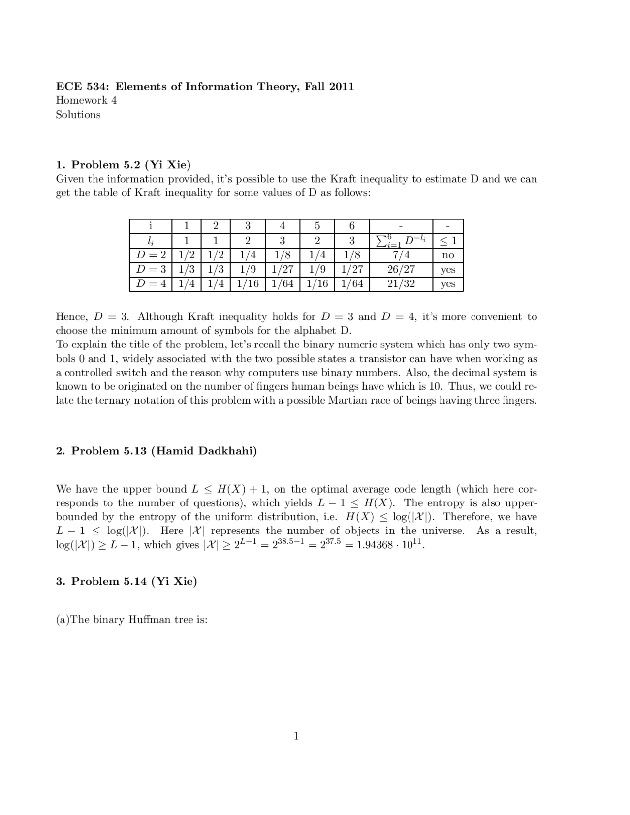 Elements Of Information Theory Homework 4 With Solutions Ece 534