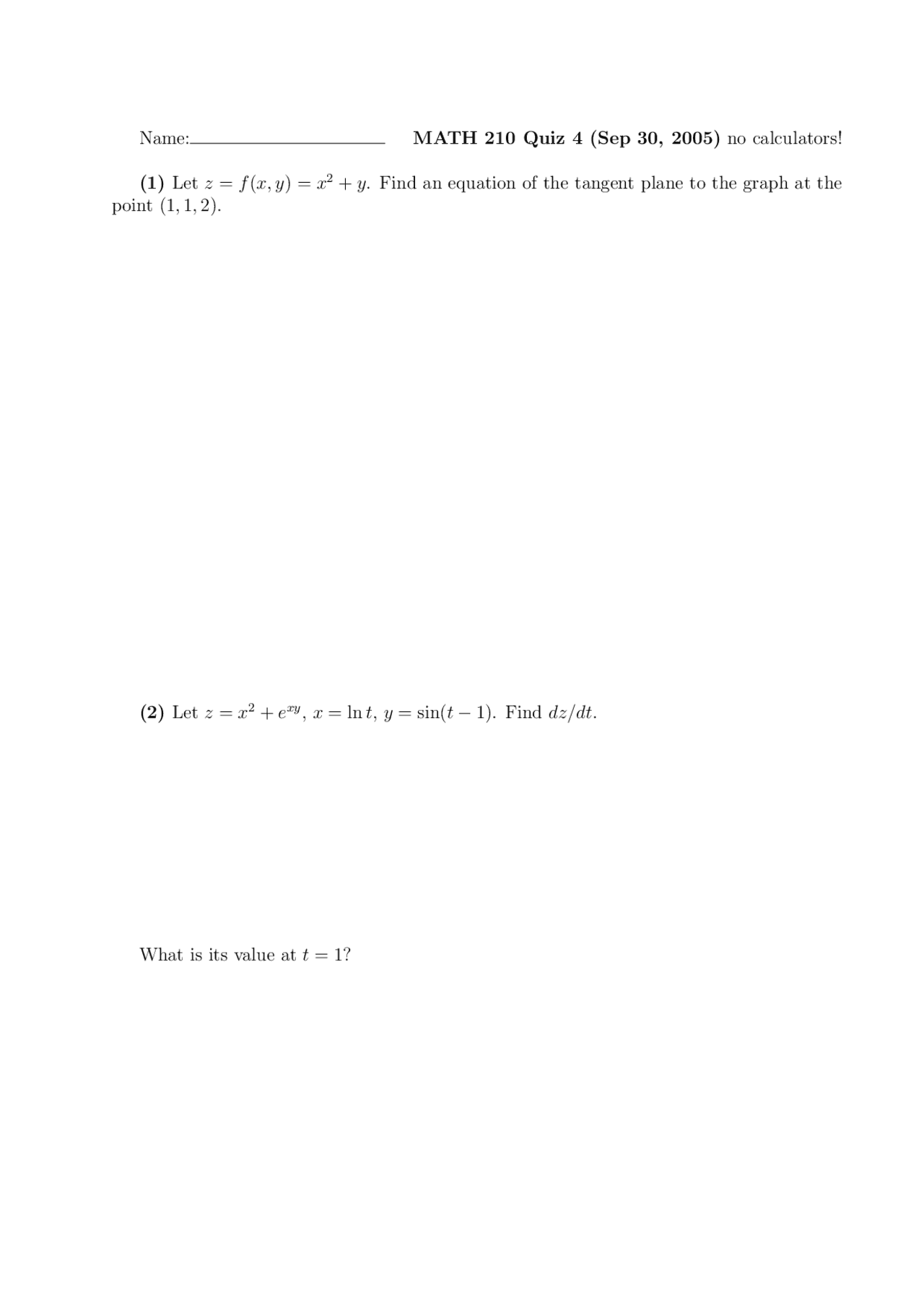 2 Problems to Find the Equations in Calculus II - Quiz 4 | MATH 210 - Docsity